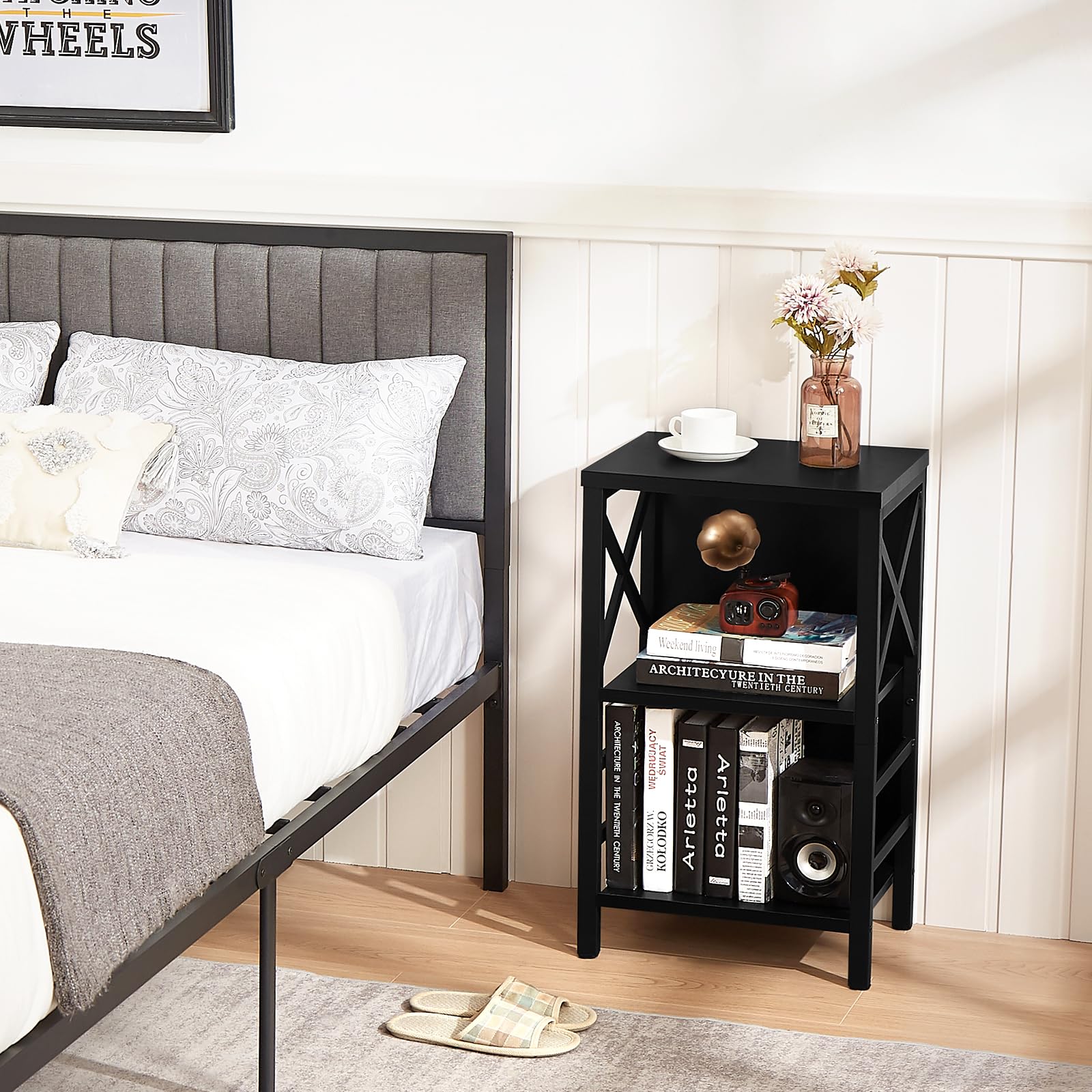 MNEETRUNG Small Bookcase,3 Tier Industrial Bookshelf with Metal Frame and Backboard,Low Black Book Shelf,Small Book case for Small Spaces,Living Room,Bedroom and Home Office