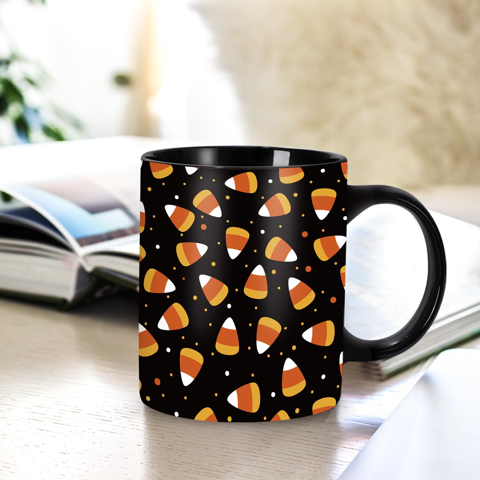 Whaline Halloween Mug 12oz Candy Corn Coffee Mug Candy Corn Black Ceramic Drinking Mugs Halloween Party Cups for Home School Office Table Centerpieces Housewarming Gift