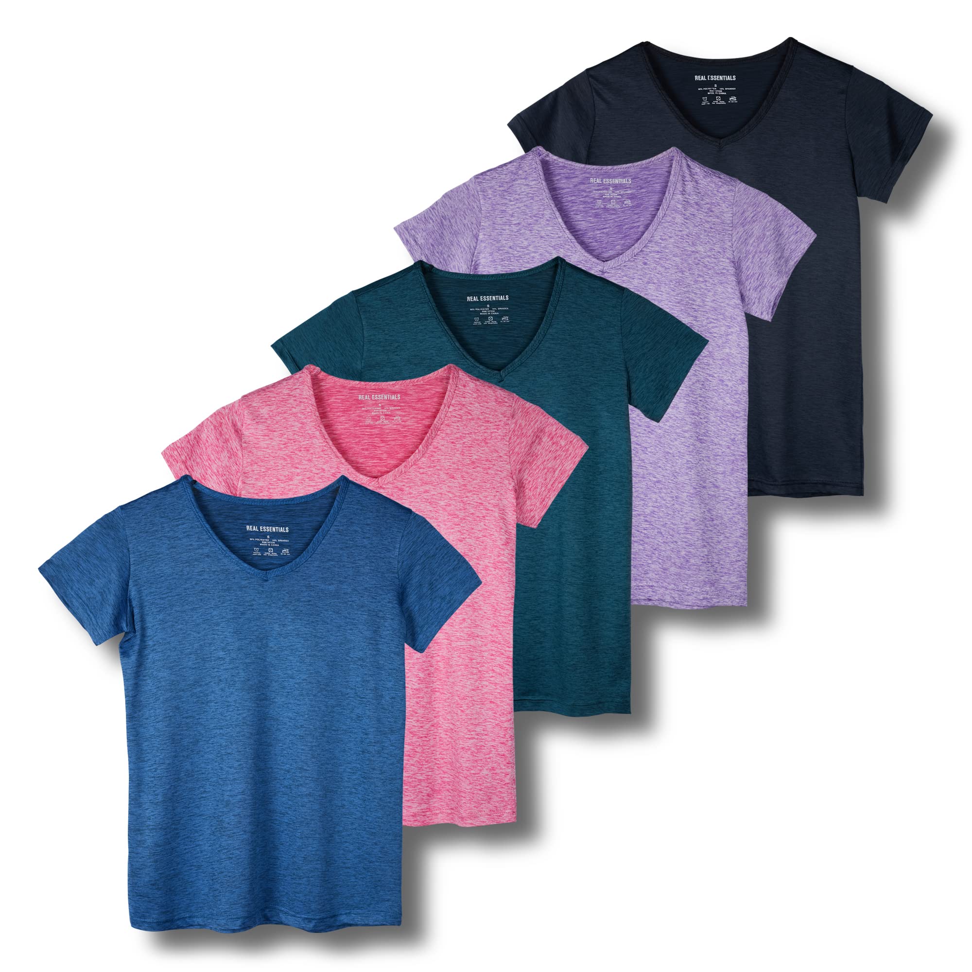 Real Essentials Womens V Neck T-Shirt Ladies Yoga Top Athletic Tees Active Wear Gym Workout Zumba Exercise Running Essentials Quick Dry Fit Dri Fit Moisture Wicking Basic Clothes, Set 7, M, Pack of 5