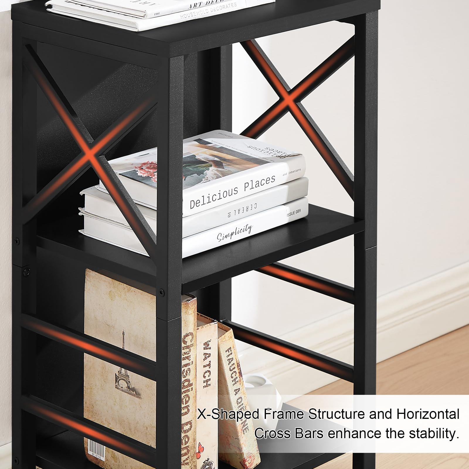 MNEETRUNG Small Bookcase,3 Tier Industrial Bookshelf with Metal Frame and Backboard,Low Black Book Shelf,Small Book case for Small Spaces,Living Room,Bedroom and Home Office
