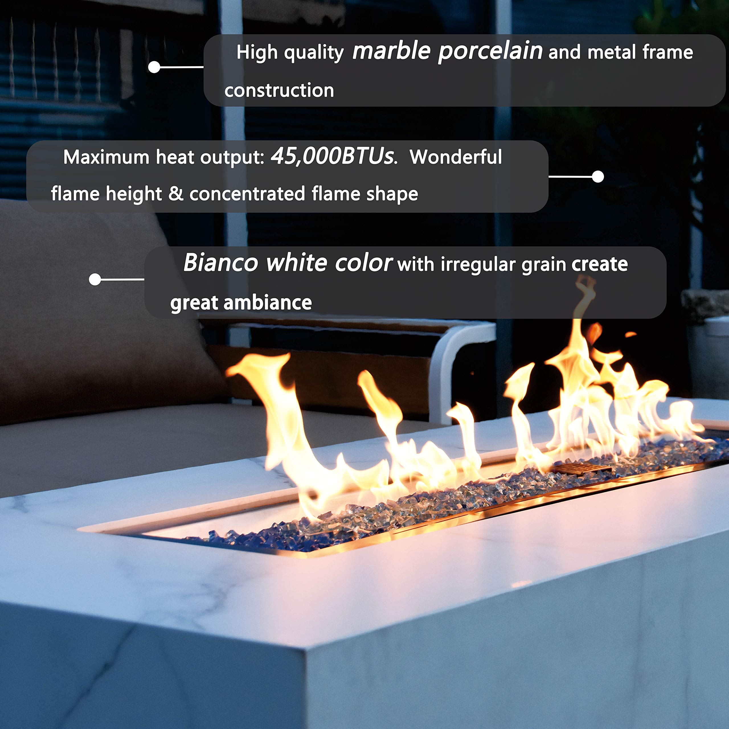 ELEMENTI Outdoor Fire Table 45,000 BTUs Natural Gas Firepit Patio Coffee Table Furniture, Backyard Fireplace Marble Porcelain Rectangle Fire Pit, 17Inch-High (White)