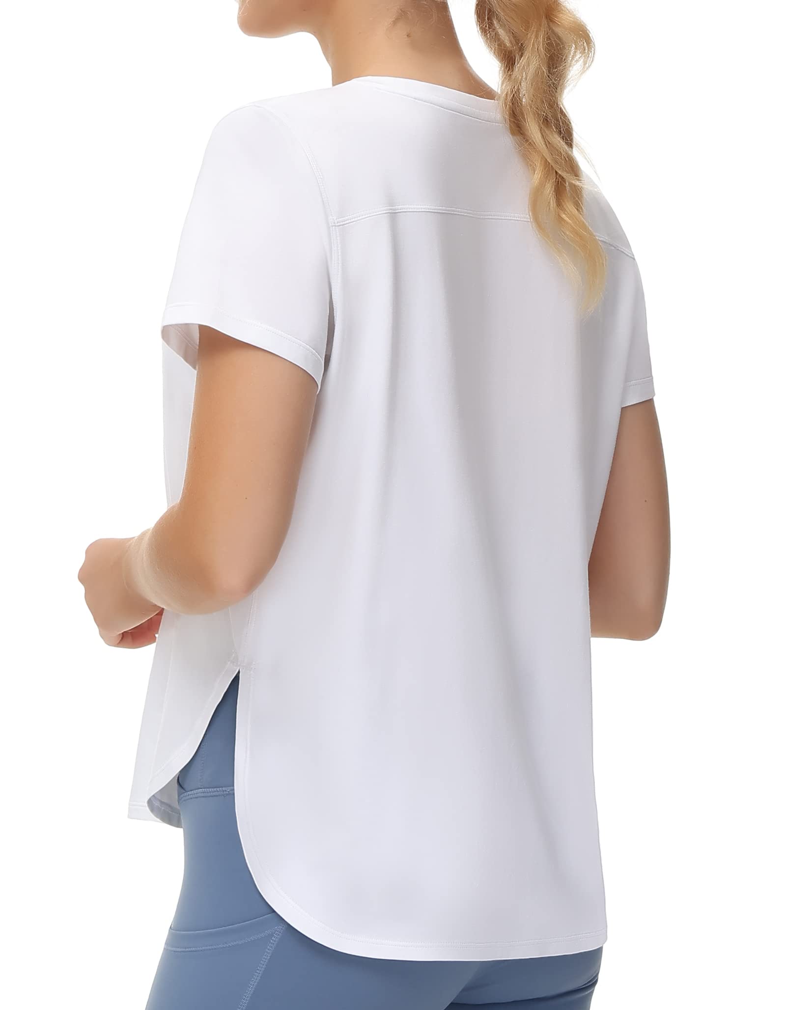 THE GYM PEOPLE Women's Workout T-Shirts Loose Fit Short Sleeve Cotton Running Basic Tee Tops with Split Hem White