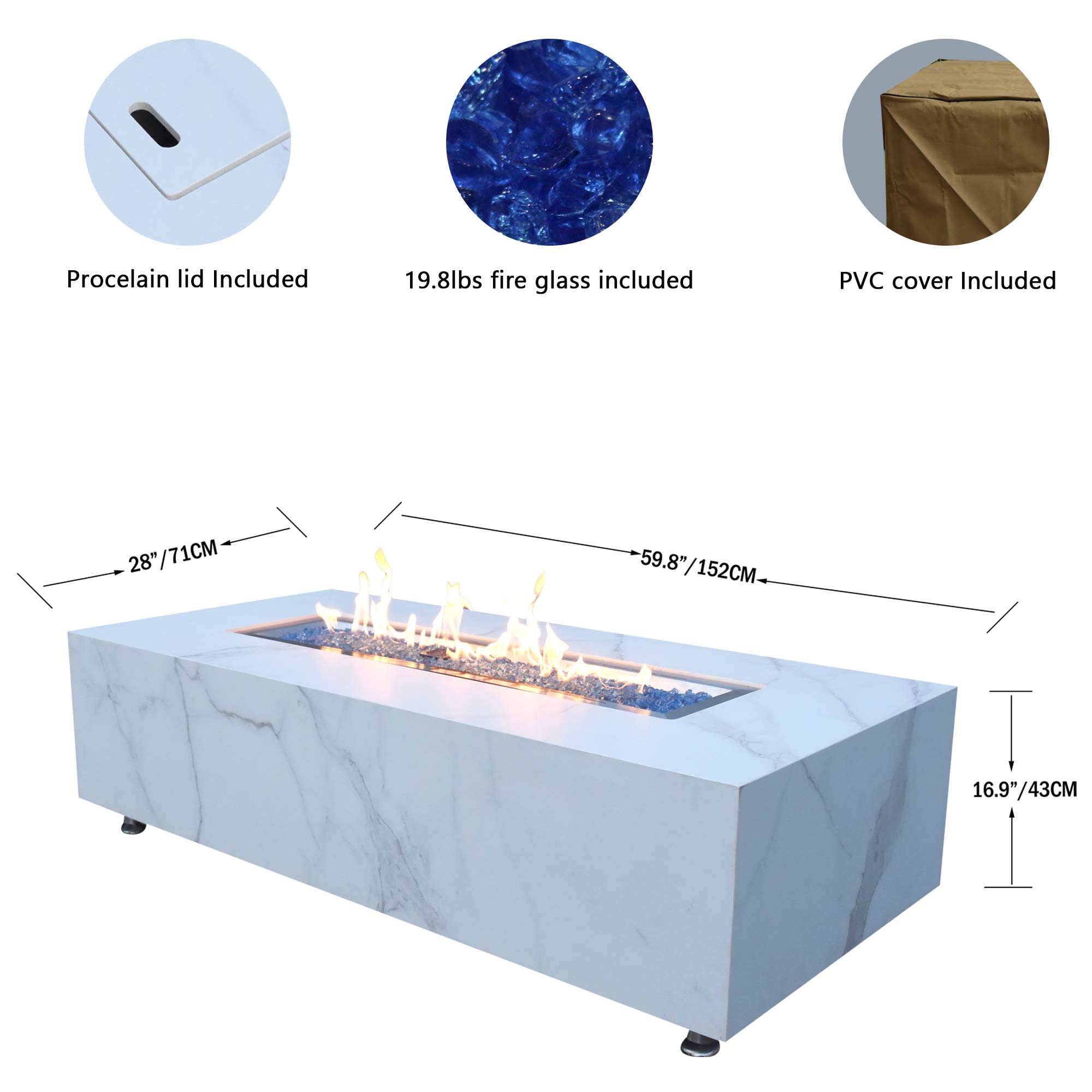 ELEMENTI Outdoor Fire Table 45,000 BTUs Natural Gas Firepit Patio Coffee Table Furniture, Backyard Fireplace Marble Porcelain Rectangle Fire Pit, 17Inch-High (White)