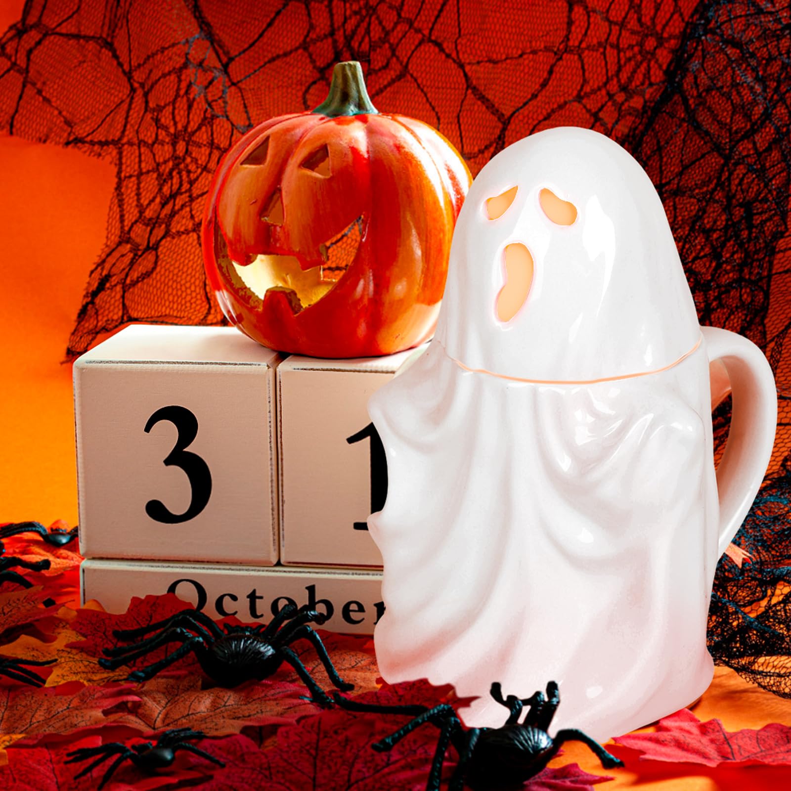 zhqinger Ghost Coffee Mug Halloween Water Cup White Ceramic 15oz/450ml Funny Mugs Novelty Tea Cup with Lid and Handle Gift for Friends Familiers Women Men
