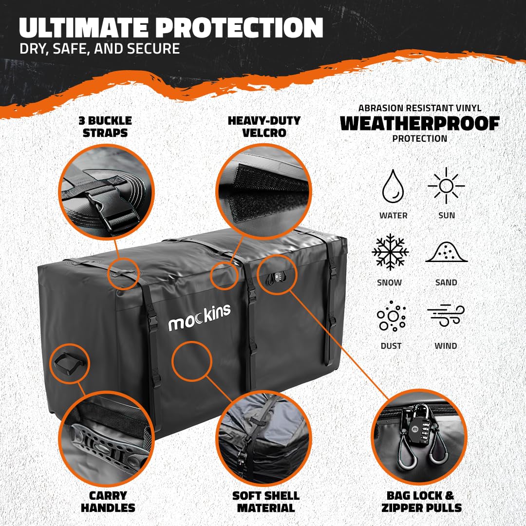 Mockins 25 Cu.Ft. Trailer Hitch Cargo Carrier Bag | 60"x24"x31" Waterproof Cargo Bag for Hitch Carrier | Weatherproof Abrasion Resistant Vinyl Vehicle Soft-Shell Carriers w/Straps, Lock, & Carry Bag