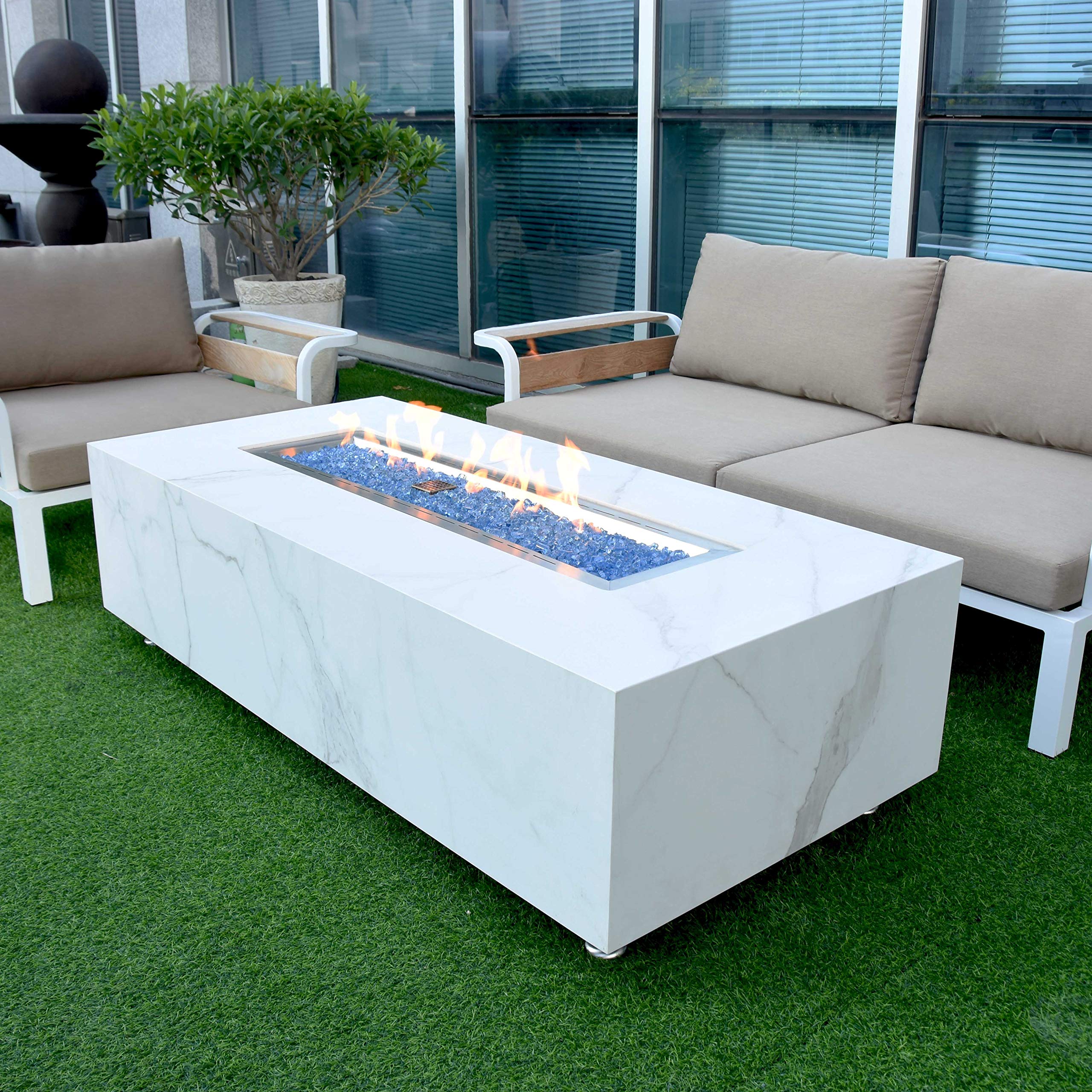 ELEMENTI Outdoor Fire Table 45,000 BTUs Natural Gas Firepit Patio Coffee Table Furniture, Backyard Fireplace Marble Porcelain Rectangle Fire Pit, 17Inch-High (White)