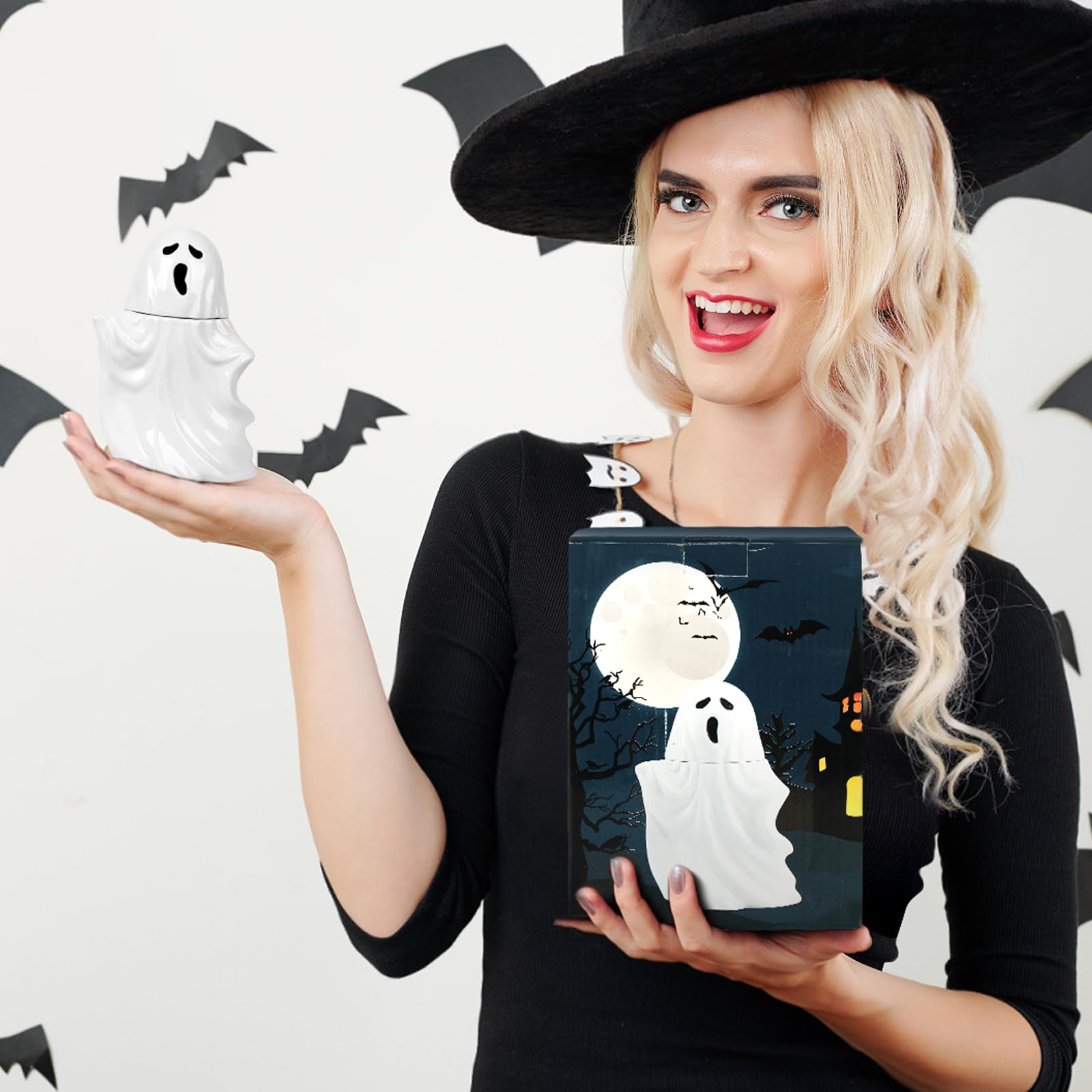 zhqinger Ghost Coffee Mug Halloween Water Cup White Ceramic 15oz/450ml Funny Mugs Novelty Tea Cup with Lid and Handle Gift for Friends Familiers Women Men
