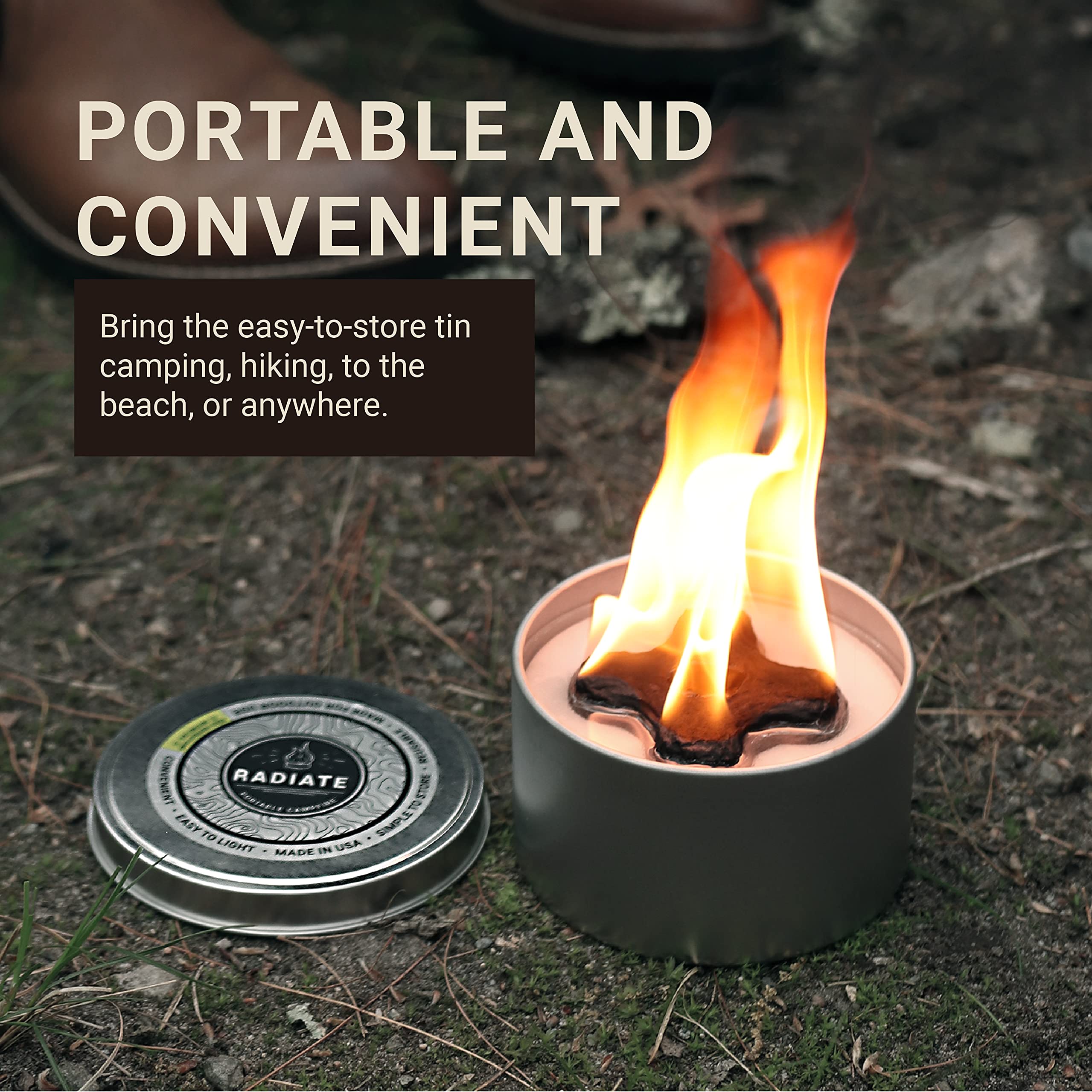Radiate - 2 Pack Outdoor Portable Campfire - 3 Hours of Warmth and Burn Time - 4β Reusable Fire Pit for Camping, Smores, Cooking, and Picnics - Recycled Soy Wax