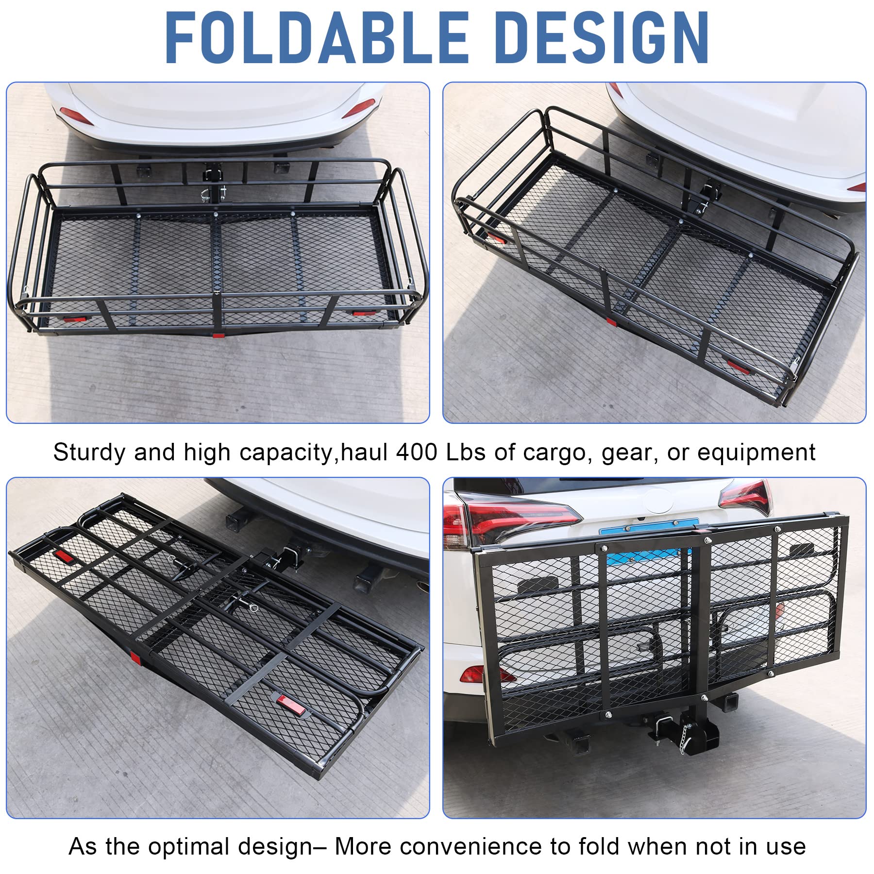 JDMSPEED Hitch Mount Cargo Carrier Car Storage Hitch 400 Lbs 60" x 24" x 14.4" Folding Vehicle Cargo Rack Rear Luggage Basket Fits 2" Receiver Stabilizer for Car SUV,Trailer,Pickup Truck