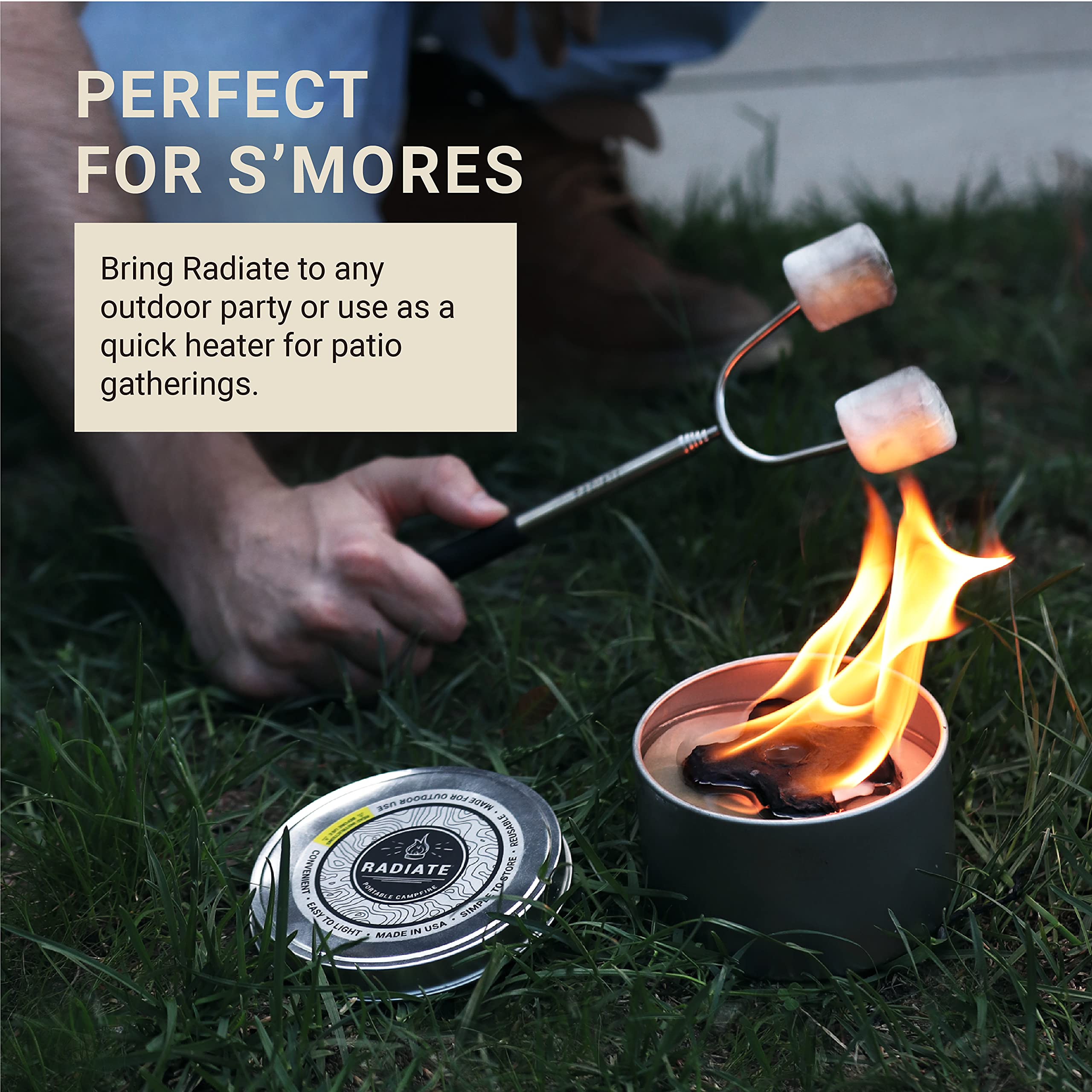 Radiate - 2 Pack Outdoor Portable Campfire - 3 Hours of Warmth and Burn Time - 4β Reusable Fire Pit for Camping, Smores, Cooking, and Picnics - Recycled Soy Wax
