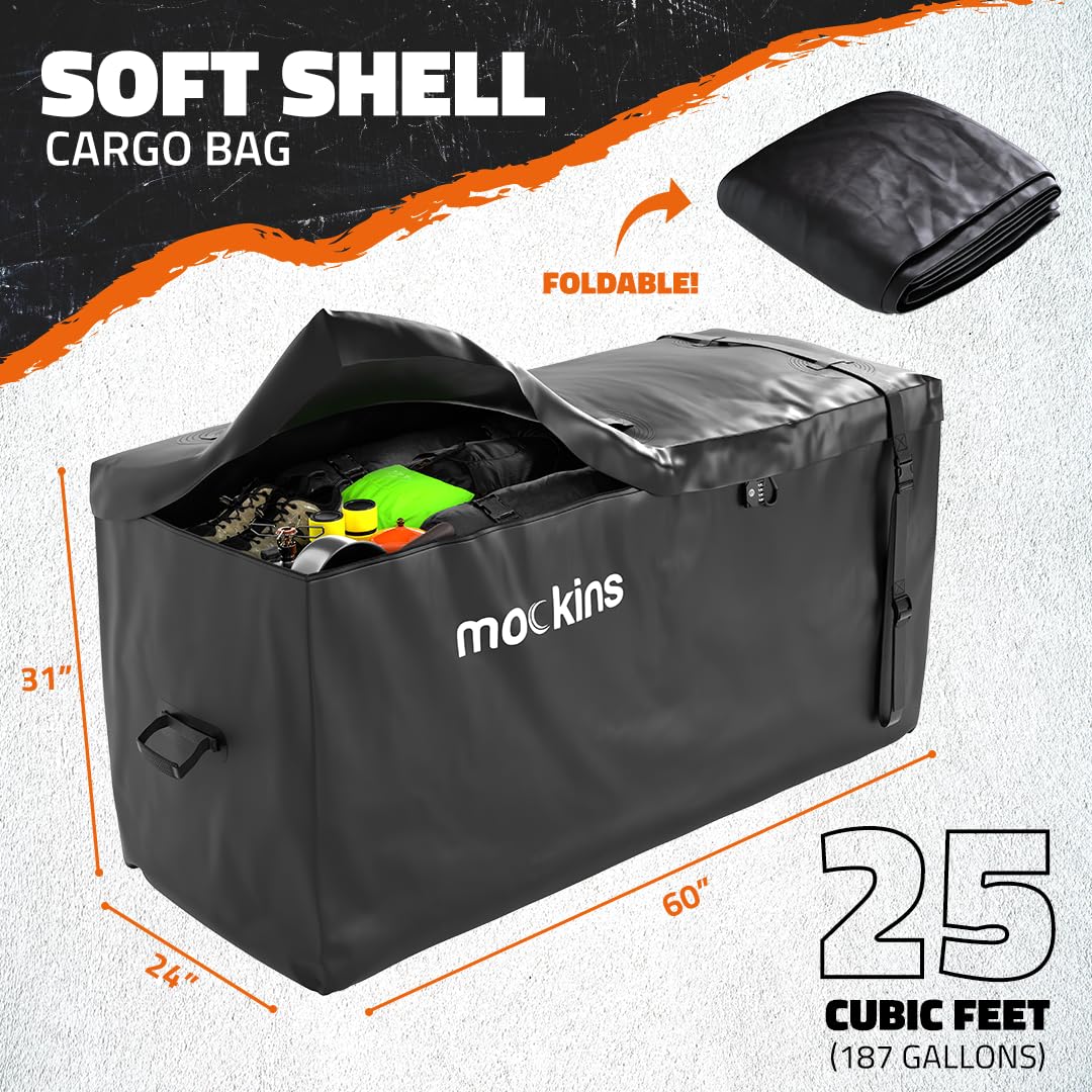 Mockins 25 Cu.Ft. Trailer Hitch Cargo Carrier Bag | 60"x24"x31" Waterproof Cargo Bag for Hitch Carrier | Weatherproof Abrasion Resistant Vinyl Vehicle Soft-Shell Carriers w/Straps, Lock, & Carry Bag