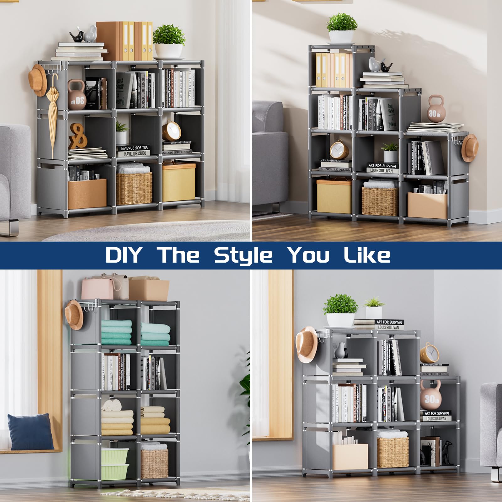 Mavivegue 9+18 Cube Modern Industrial DIY Bookcase, Metal Cubical Book Shelf, Tall Storage Organizer for Bedroom, Living Room, Office, Closet, Black Cubicle Storage Rack-Grey