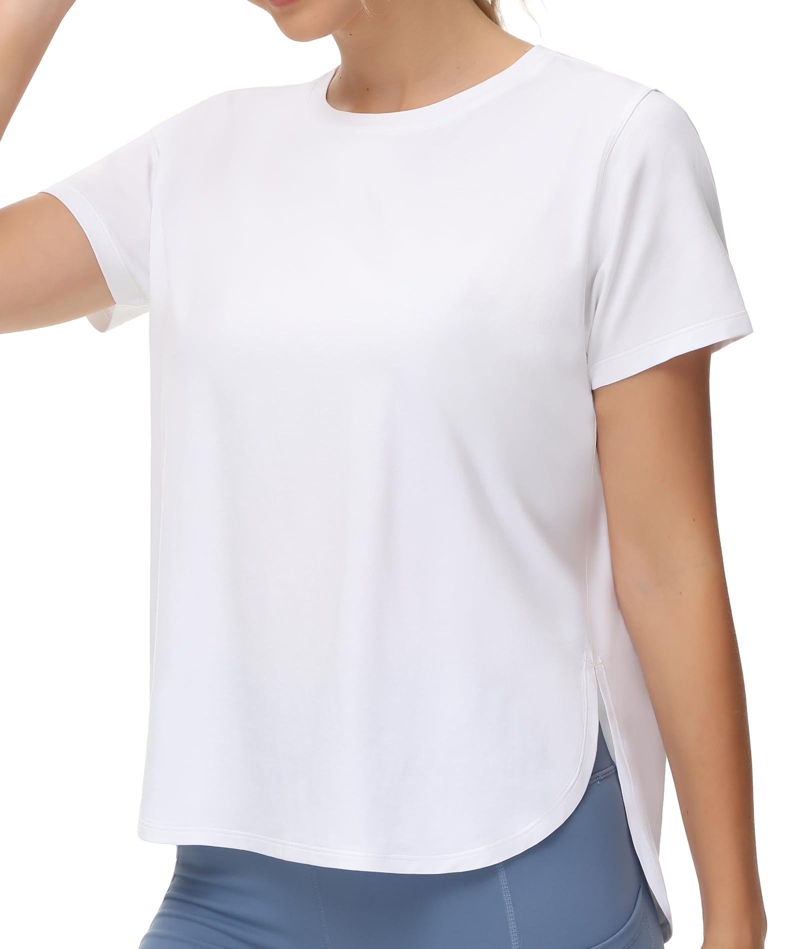 THE GYM PEOPLE Women's Workout T-Shirts Loose Fit Short Sleeve Cotton Running Basic Tee Tops with Split Hem White