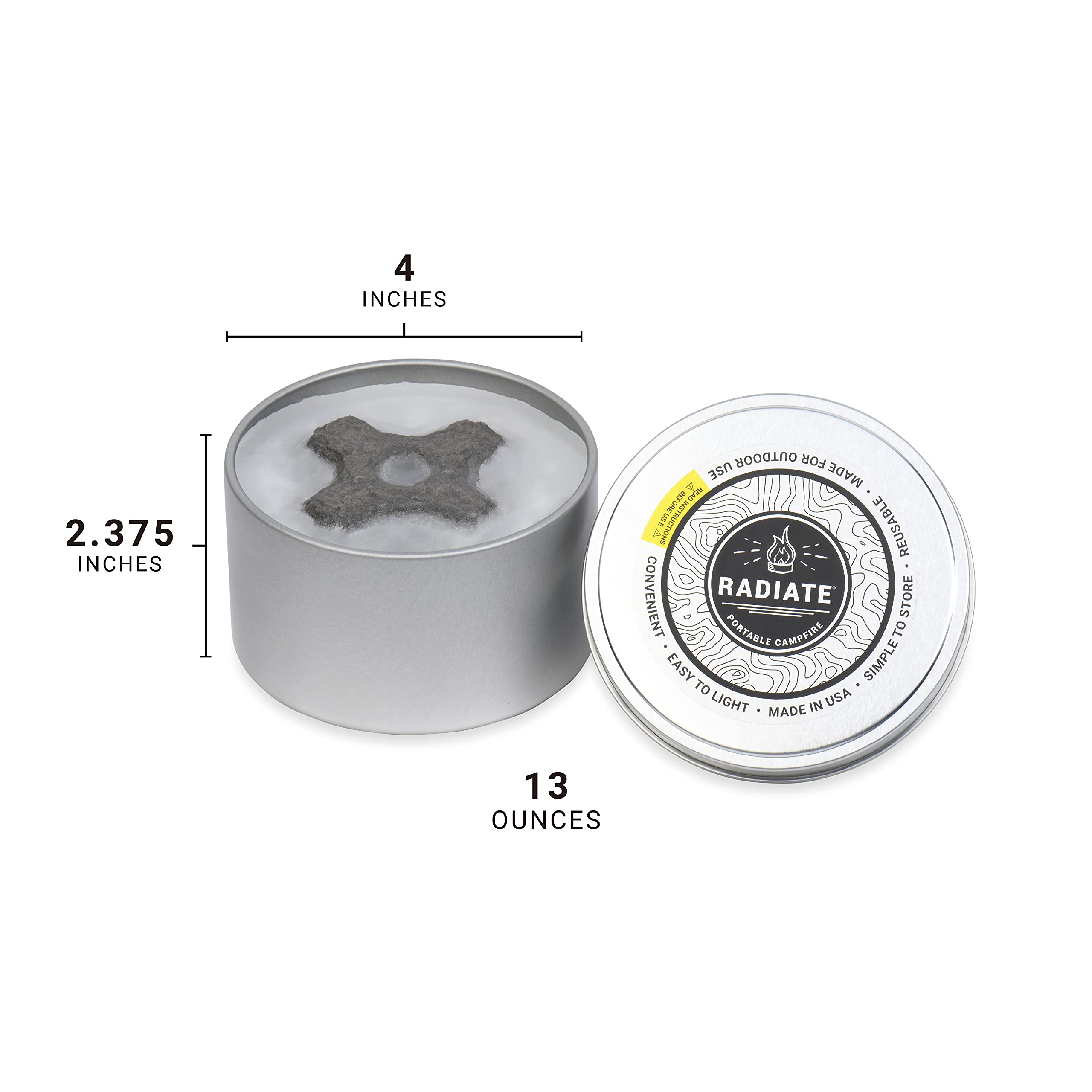 Radiate - 2 Pack Outdoor Portable Campfire - 3 Hours of Warmth and Burn Time - 4β Reusable Fire Pit for Camping, Smores, Cooking, and Picnics - Recycled Soy Wax