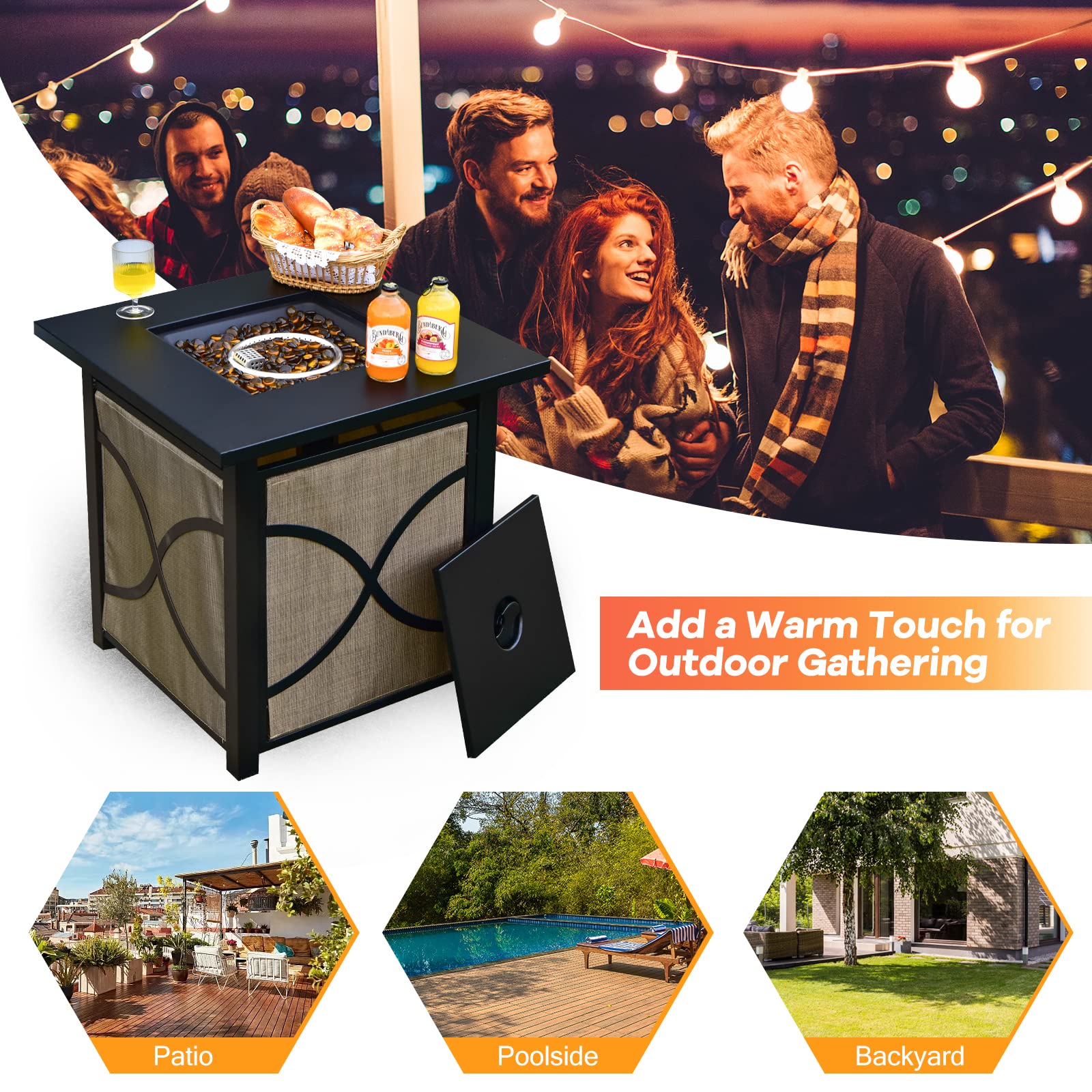DORTALA 25'' Gas Fire Pit Table, 40,000 BTU Propane Fire Pit Table w/CSA Certification,Square Fire Table with Lid, Fire Glass and Adjustable Flame, Firepit for Patio Deck Backyard, Black & Natural