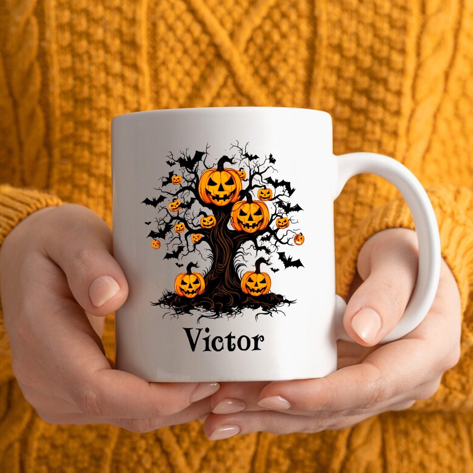 Personalized Halloween Mug, Pumpkin Tree Halloween Coffee Mug, Custom Pumpkin Ceramic Mug With Name, Novelty Halloween Day Pottery Mug, Horror Lovers Gifts, Unique Pumpkin Tree Porcelain Mug