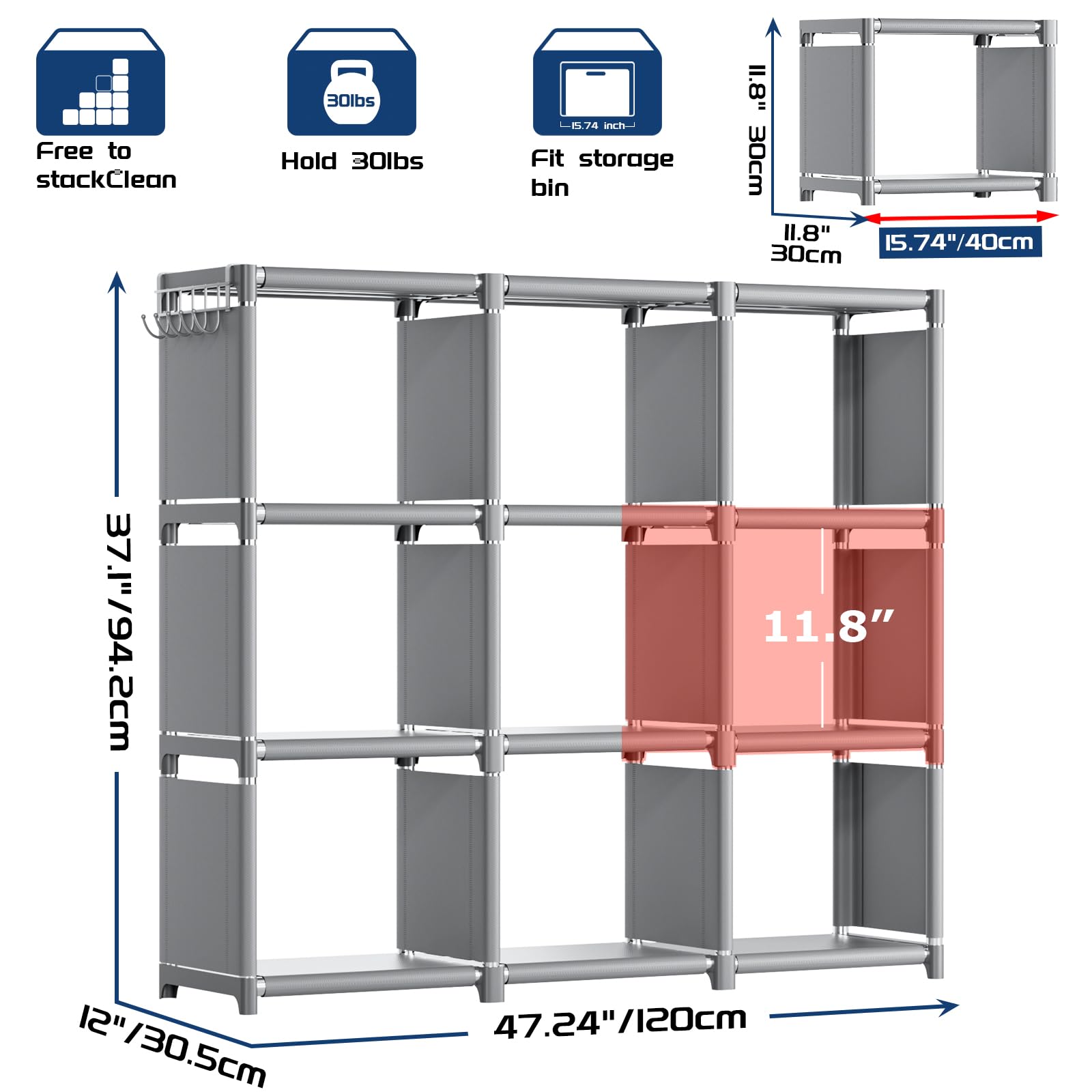 Mavivegue 9+18 Cube Modern Industrial DIY Bookcase, Metal Cubical Book Shelf, Tall Storage Organizer for Bedroom, Living Room, Office, Closet, Black Cubicle Storage Rack-Grey