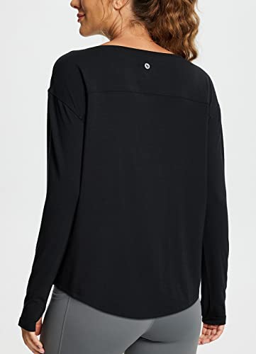 baleaf Workout Shirts for Women Loose Fit Long Sleeve Tee Shirts Athletic Activewear Yoga Tops with Thumb Hole Black M