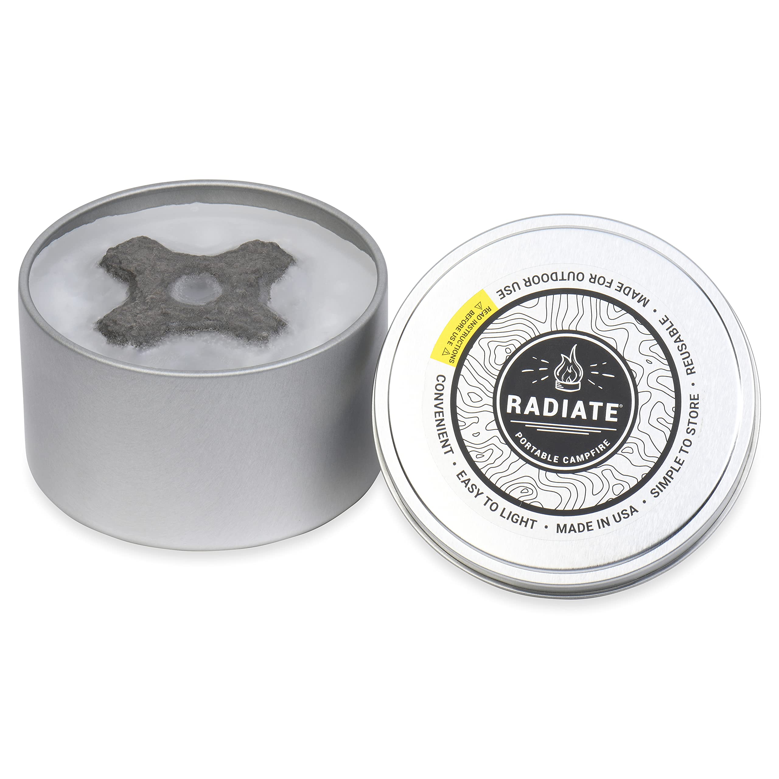 Radiate - 2 Pack Outdoor Portable Campfire - 3 Hours of Warmth and Burn Time - 4β Reusable Fire Pit for Camping, Smores, Cooking, and Picnics - Recycled Soy Wax