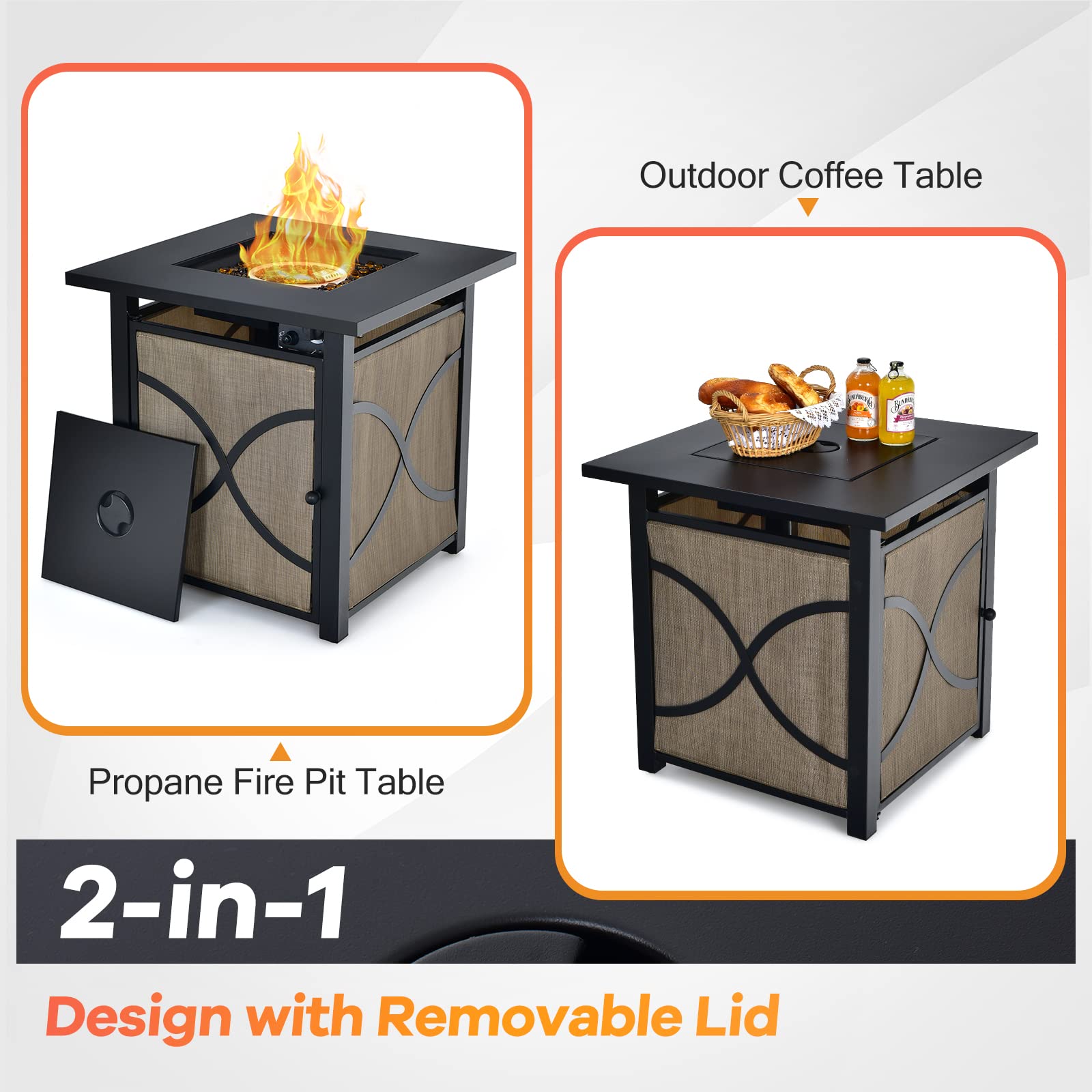 DORTALA 25'' Gas Fire Pit Table, 40,000 BTU Propane Fire Pit Table w/CSA Certification,Square Fire Table with Lid, Fire Glass and Adjustable Flame, Firepit for Patio Deck Backyard, Black & Natural