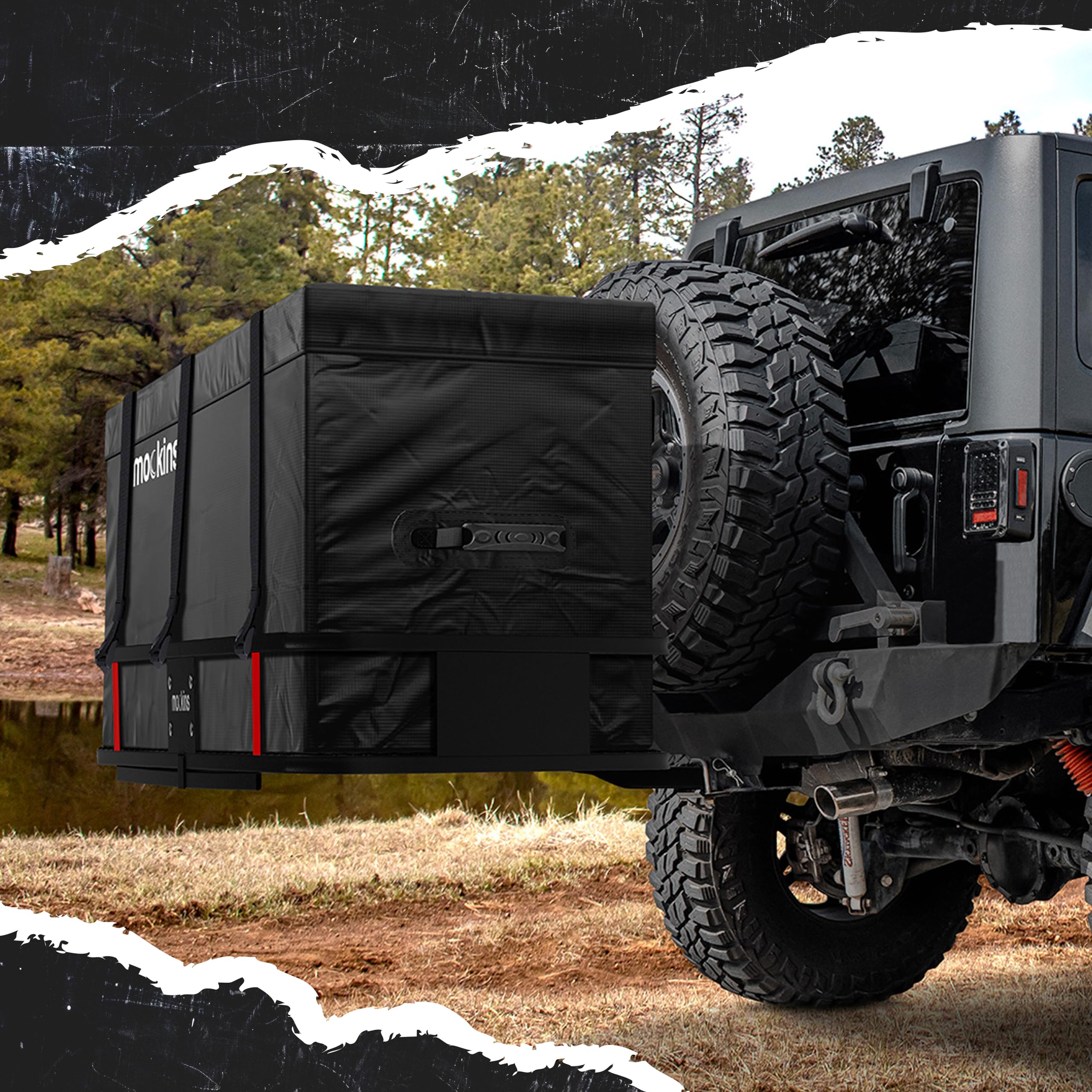 Mockins 25 Cu.Ft. Trailer Hitch Cargo Carrier Bag | 60"x24"x31" Waterproof Cargo Bag for Hitch Carrier | Weatherproof Abrasion Resistant Vinyl Vehicle Soft-Shell Carriers w/Straps, Lock, & Carry Bag