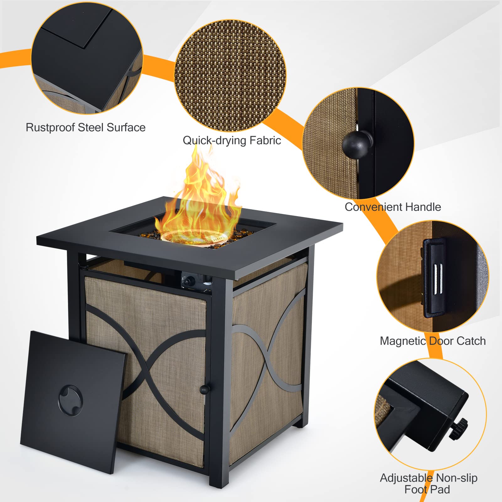 DORTALA 25'' Gas Fire Pit Table, 40,000 BTU Propane Fire Pit Table w/CSA Certification,Square Fire Table with Lid, Fire Glass and Adjustable Flame, Firepit for Patio Deck Backyard, Black & Natural