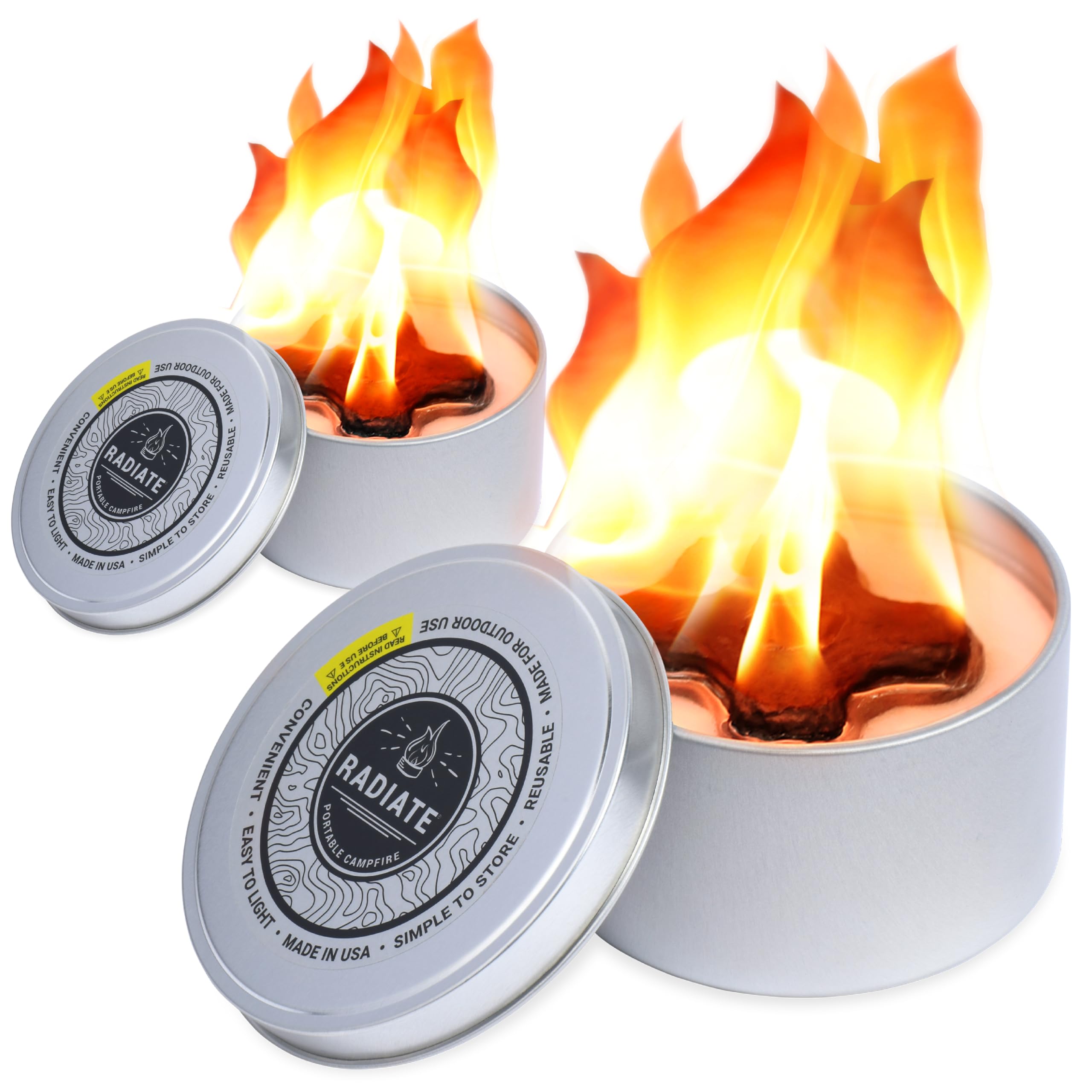 Radiate - 2 Pack Outdoor Portable Campfire - 3 Hours of Warmth and Burn Time - 4” Reusable Fire Pit for Camping, Smores, Cooking, and Picnics - Recycled Soy Wax
