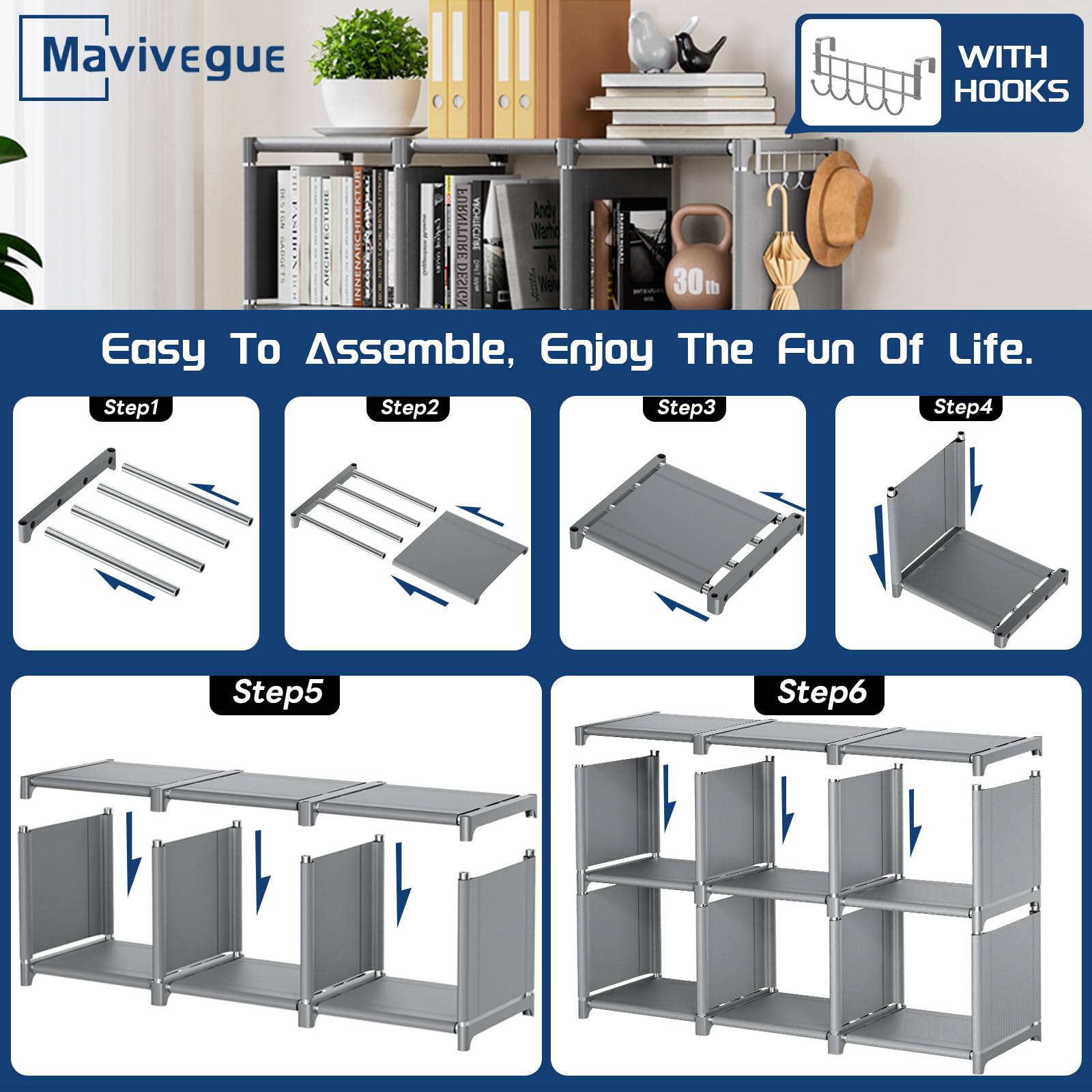Mavivegue 9+18 Cube Modern Industrial DIY Bookcase, Metal Cubical Book Shelf, Tall Storage Organizer for Bedroom, Living Room, Office, Closet, Black Cubicle Storage Rack-Grey