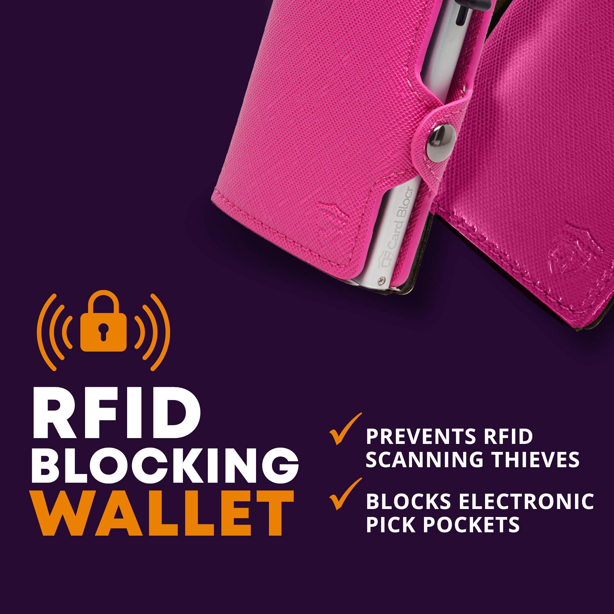 Card Blocr Womens Slim Wallet for Small Purses, Pop Up Wallet with Anti Theft RFID Blocking Credit Card Holder for Women in Pink PU Saffiano