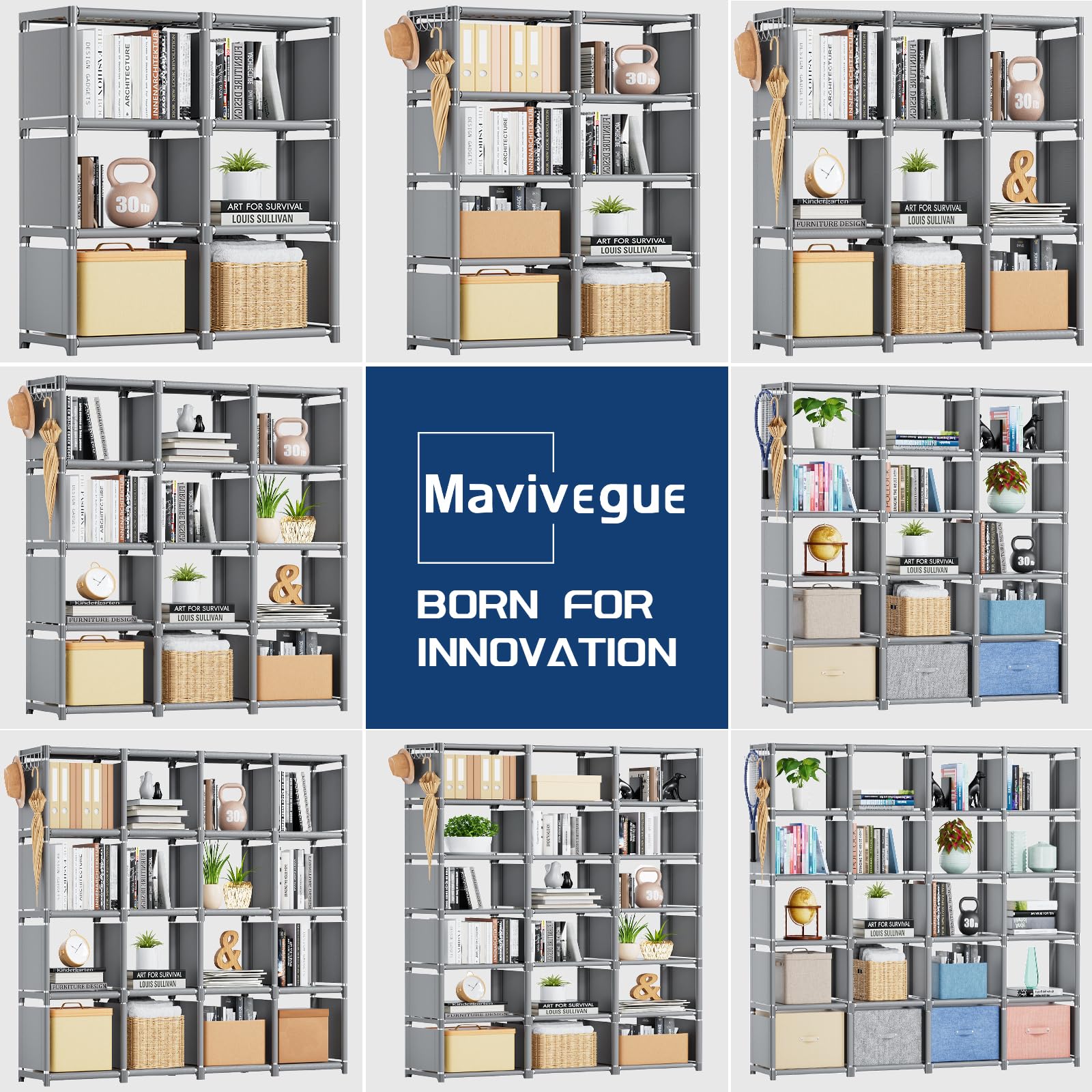 Mavivegue 9+18 Cube Modern Industrial DIY Bookcase, Metal Cubical Book Shelf, Tall Storage Organizer for Bedroom, Living Room, Office, Closet, Black Cubicle Storage Rack-Grey