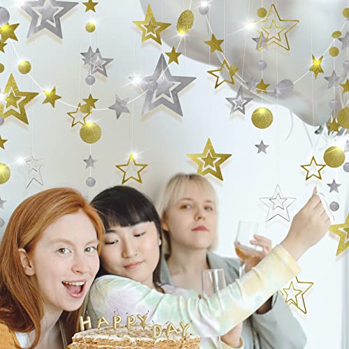 Glitter Circle Dot Garland Star Cutouts Decoration Ceiling Decorations Hanging Streamer Backdrop Banner for for Bulletin Board Classroom Wall Party Decoration Supply (Gold, Silver)