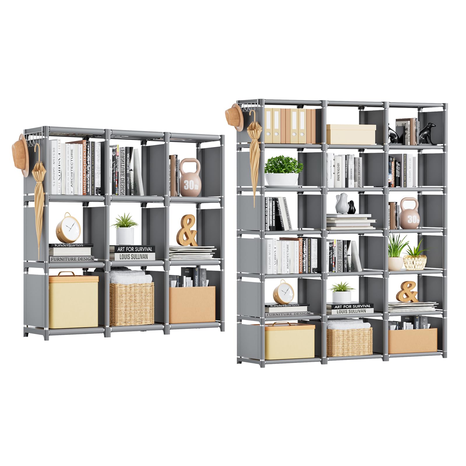 Mavivegue 9+18 Cube Modern Industrial DIY Bookcase, Metal Cubical Book Shelf, Tall Storage Organizer for Bedroom, Living Room, Office, Closet, Black Cubicle Storage Rack-Grey
