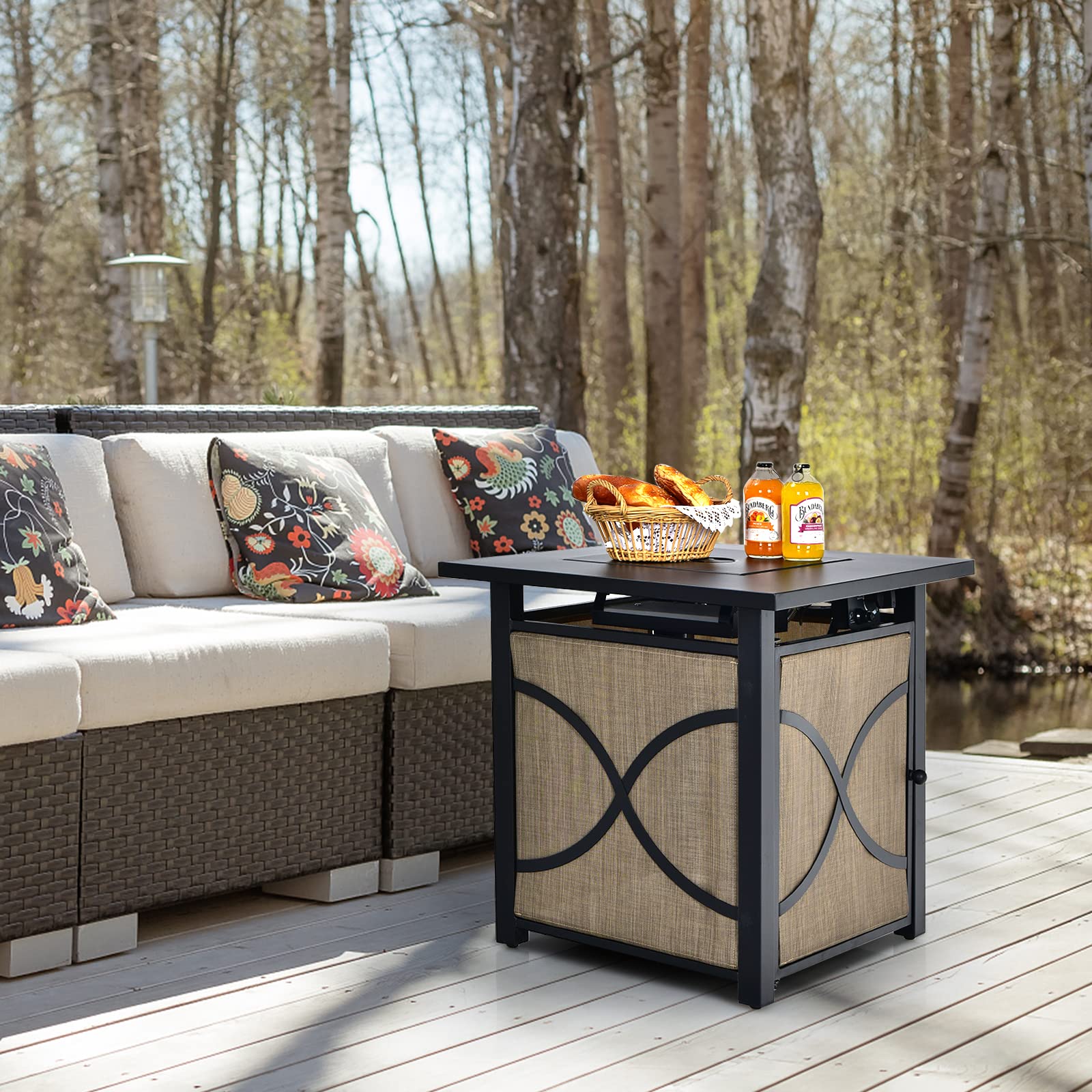 DORTALA 25'' Gas Fire Pit Table, 40,000 BTU Propane Fire Pit Table w/CSA Certification,Square Fire Table with Lid, Fire Glass and Adjustable Flame, Firepit for Patio Deck Backyard, Black & Natural
