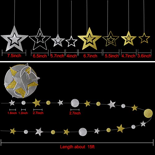 Glitter Circle Dot Garland Star Cutouts Decoration Ceiling Decorations Hanging Streamer Backdrop Banner for for Bulletin Board Classroom Wall Party Decoration Supply (Gold, Silver)