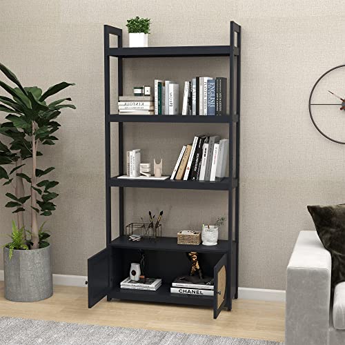 LANTRO JS Bookshelves Bookshelf and Bookcase 4 Tier Bookshelf Storage Rack Shelves with 2 Doors Bedroom Storage Equipment for Living Room Home Office, Black, 31.5"×11.81"×70.87"