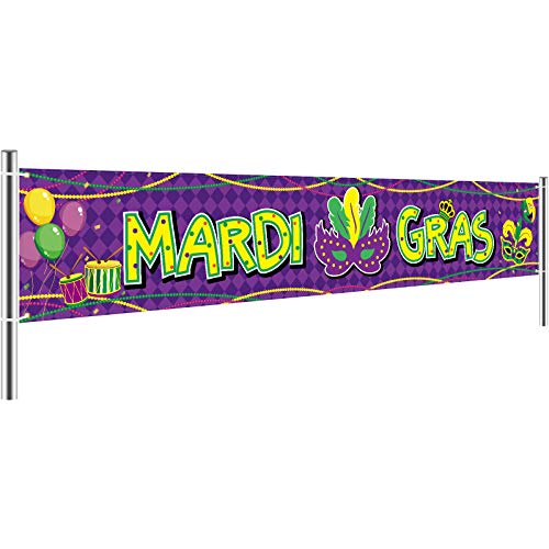 Large Mardi Gras Banner Decor, Mardi Gras Porch Sign Welcome Banner, Mardi Gras Masquerade Party Accessory, Carnival Party Hanging Decoration for Indoor Outdoor Decoration (8.2 x 1.5 FT)