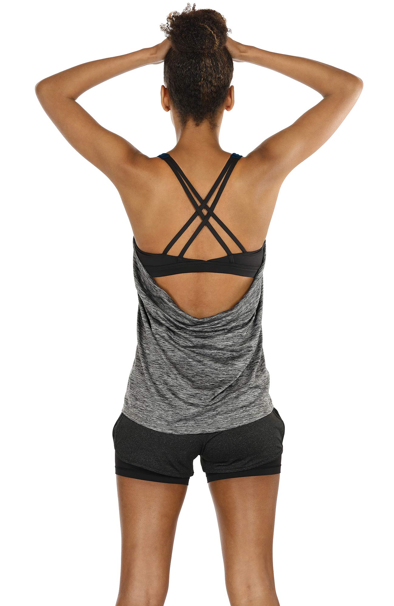 icyzone Workout Tank Tops Built in Bra - Women's Strappy Athletic Yoga Tops, Exercise Running Gym Shirts (L, Charcoal)