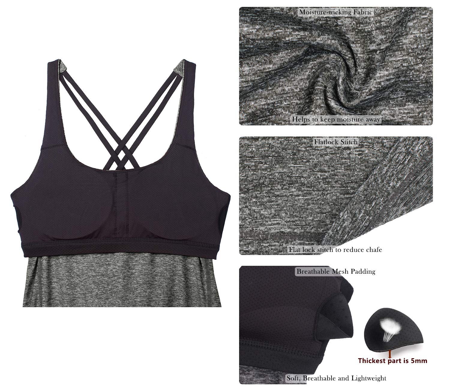 icyzone Workout Tank Tops Built in Bra - Women's Strappy Athletic Yoga Tops, Exercise Running Gym Shirts (L, Charcoal)