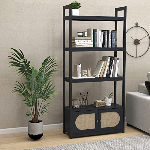 LANTRO JS Bookshelves Bookshelf and Bookcase 4 Tier Bookshelf Storage Rack Shelves with 2 Doors Bedroom Storage Equipment for Living Room Home Office, Black, 31.5"Ă11.81"Ă70.87"