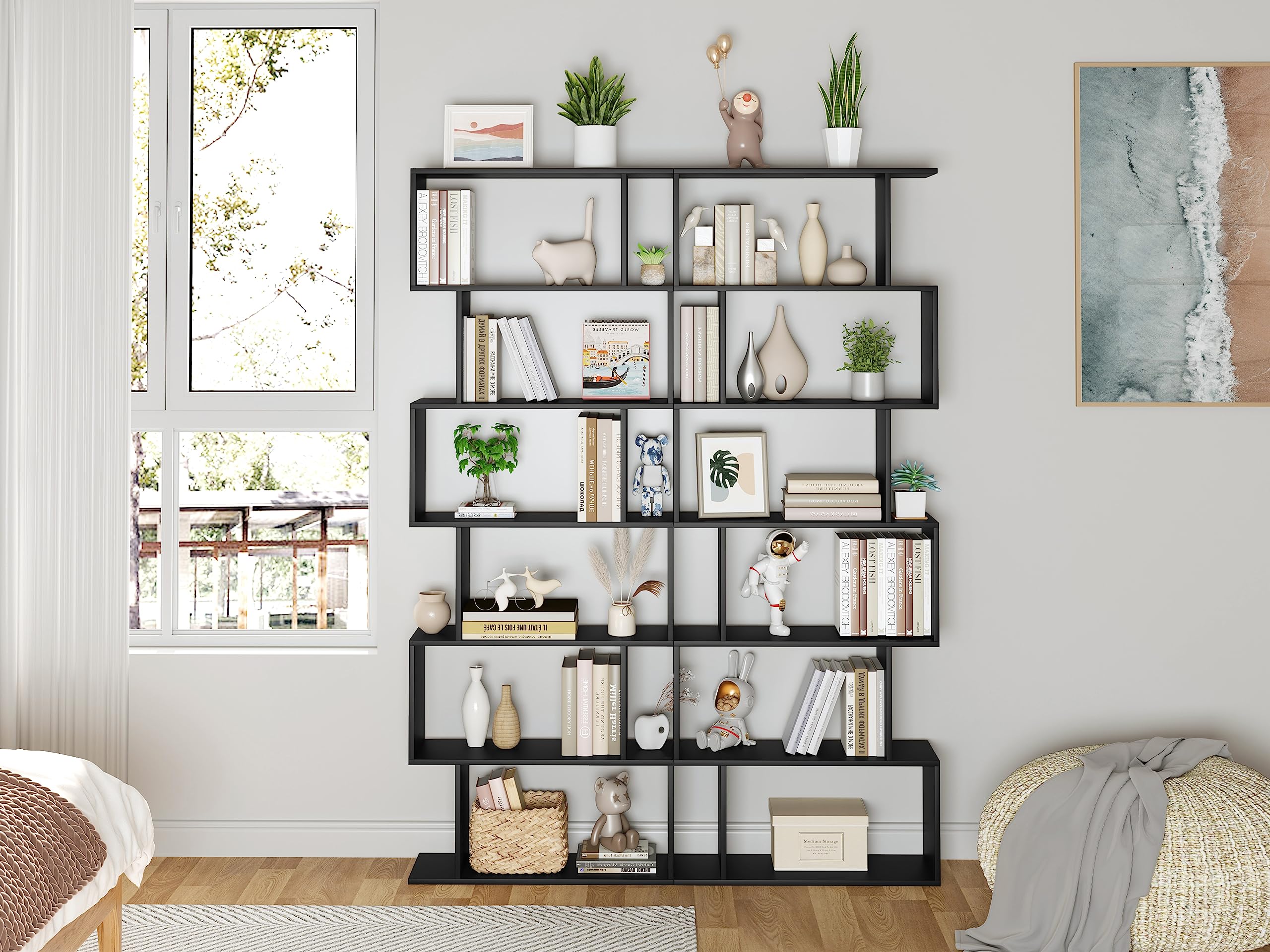 Yusong Bookshelf 6-Tier, Geometric Bookcase S Shaped Book Shelves and 3 Tier End Table, Tall Side Table with Storage Cabinets,Black