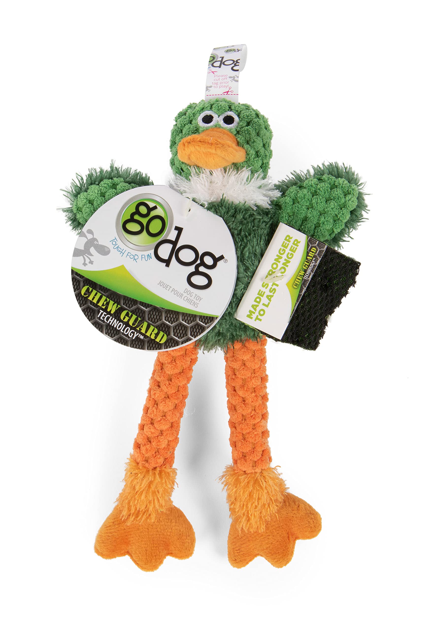 goDog Checkers Just for Me Skinny Duck Squeaky Plush Dog Toy, Chew Guard Technology - Green, Mini