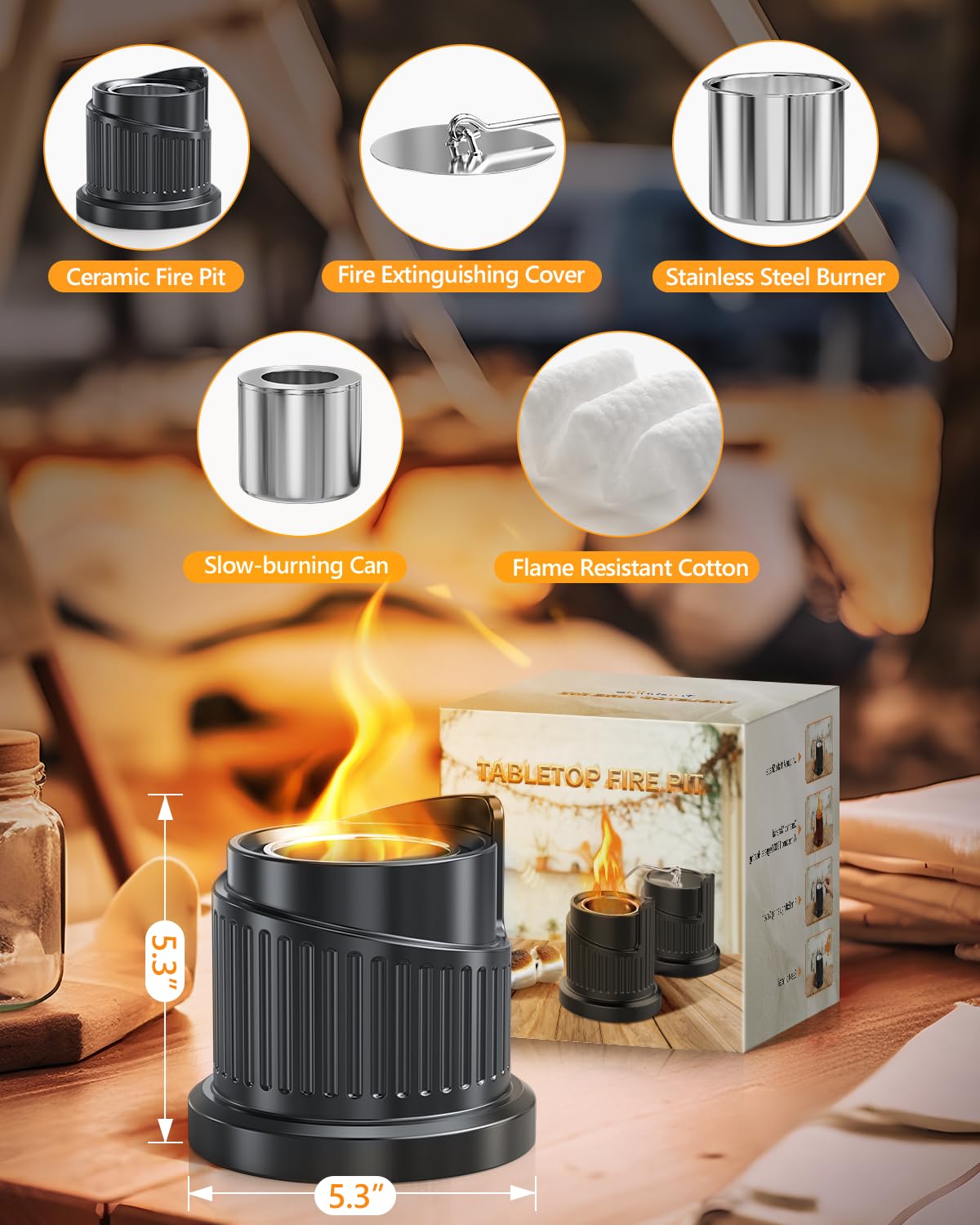 Trushome Tabletop Fire Pit - High Heat-Resistant Ceramic Firepit with Fire Extinguisher, Double Layer Smokeless Firepit, Ideal for Valentine's Day, Birthdays, White Elephant Gifts