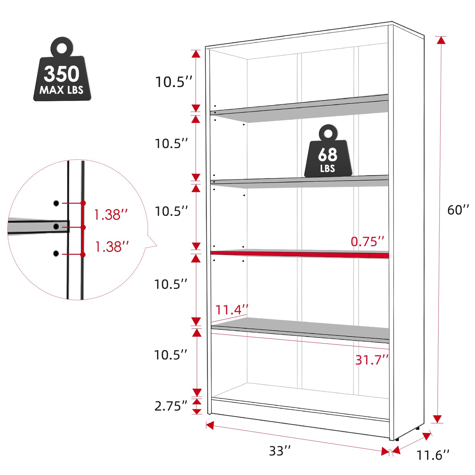 STARY 5 Shelf Black Bookcase 60 inch Tall Wood Bookshelf for Bedroom