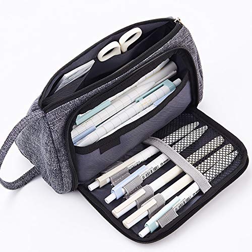 Big Capacity Colored Canvas Pencil Pen Case, Large Multifunction Pencil Pen Holder Organizer Bag for Students Office Back to School by Hubhnb (Gray)