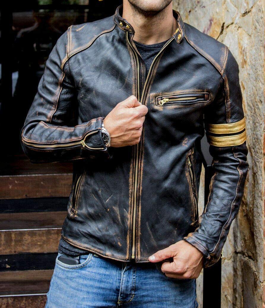 Men's Elite Vintage Cafe Racer Motorcycle Distressed Leather Jacket (XL), Black, A58
