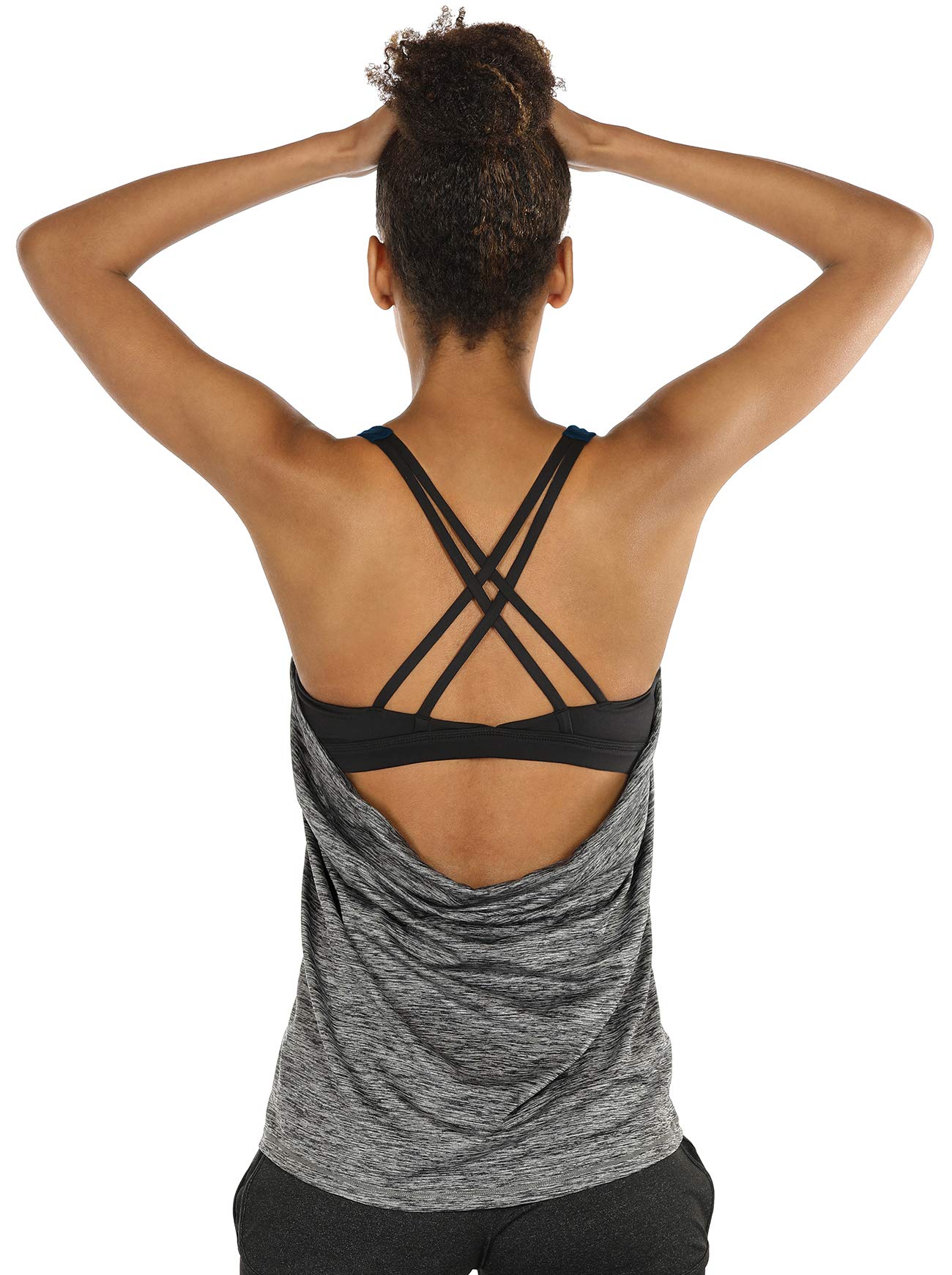 icyzone Workout Tank Tops Built in Bra - Women's Strappy Athletic Yoga Tops, Exercise Running Gym Shirts (L, Charcoal)