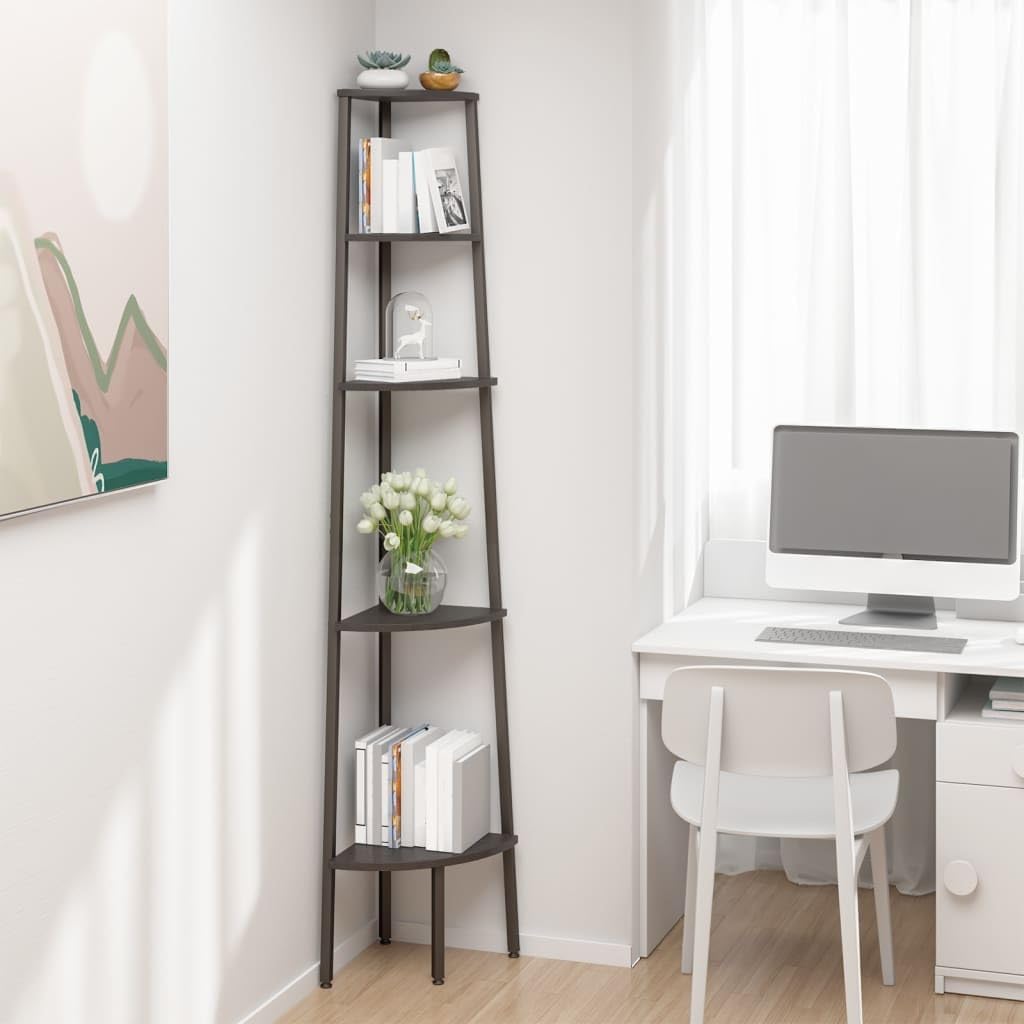 vidaXL 5-Tier Corner Storage Shelf - Black Steel Frame Bookcase for Living Room, Bedroom, Office - 17.9"x12.4"x70.9" Size