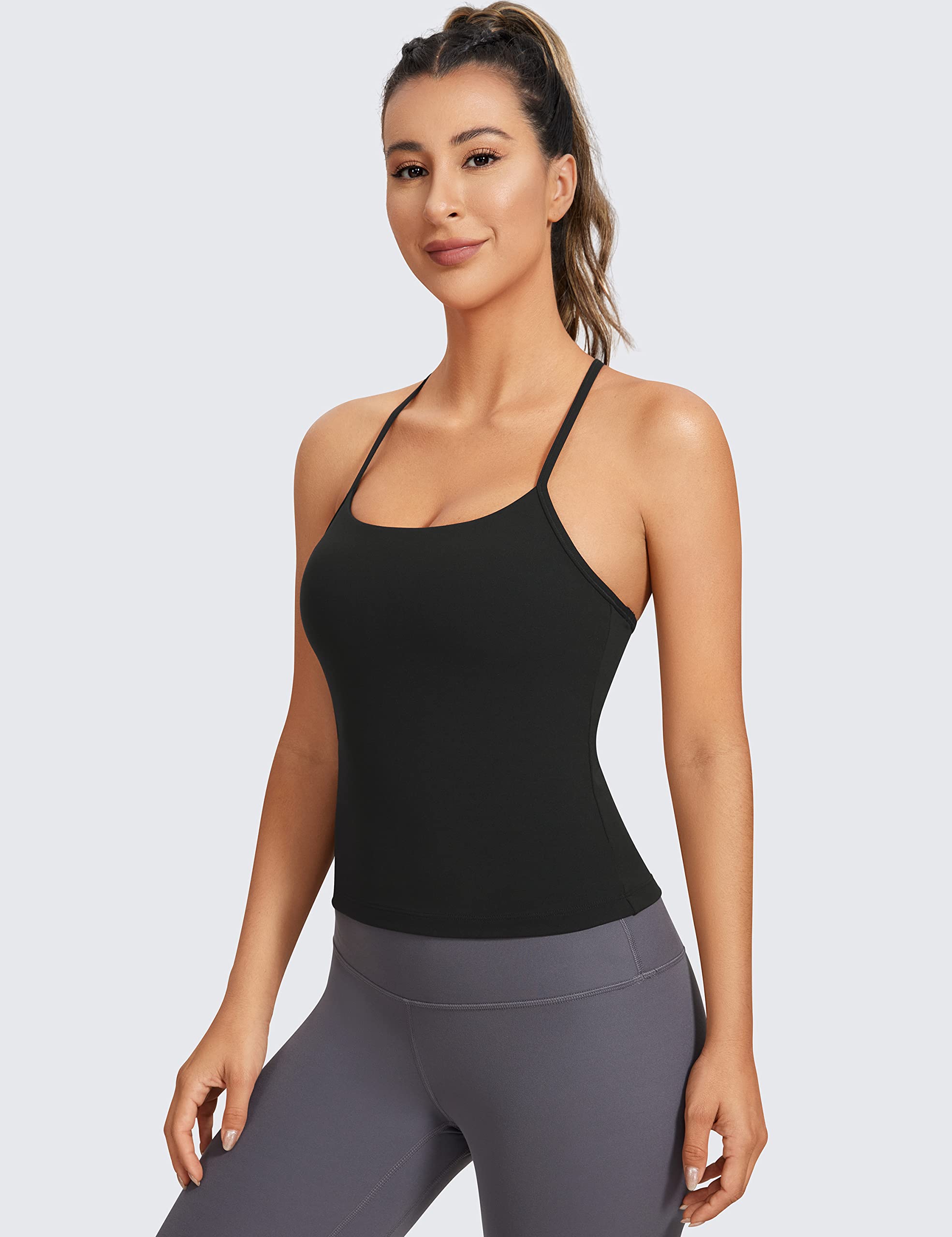 CRZ YOGA Butterluxe Womens Workout Racerback Tank Top with Built in Bra - Scoop Neck Spaghetti Strap Padded Slim Camisole Black Small
