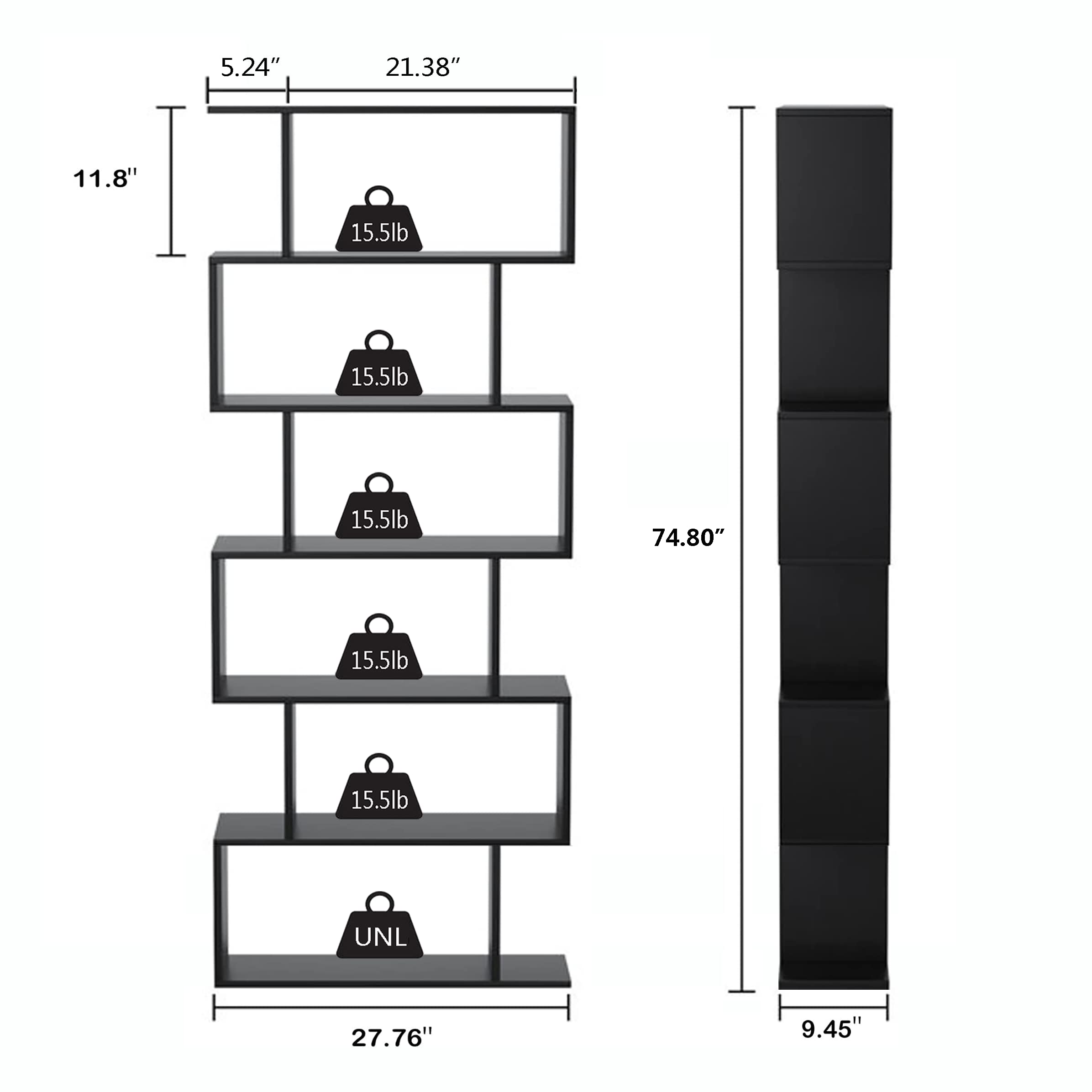 Yusong Bookshelf 6-Tier, Geometric Bookcase S Shaped Book Shelves and 3 Tier End Table, Tall Side Table with Storage Cabinets,Black