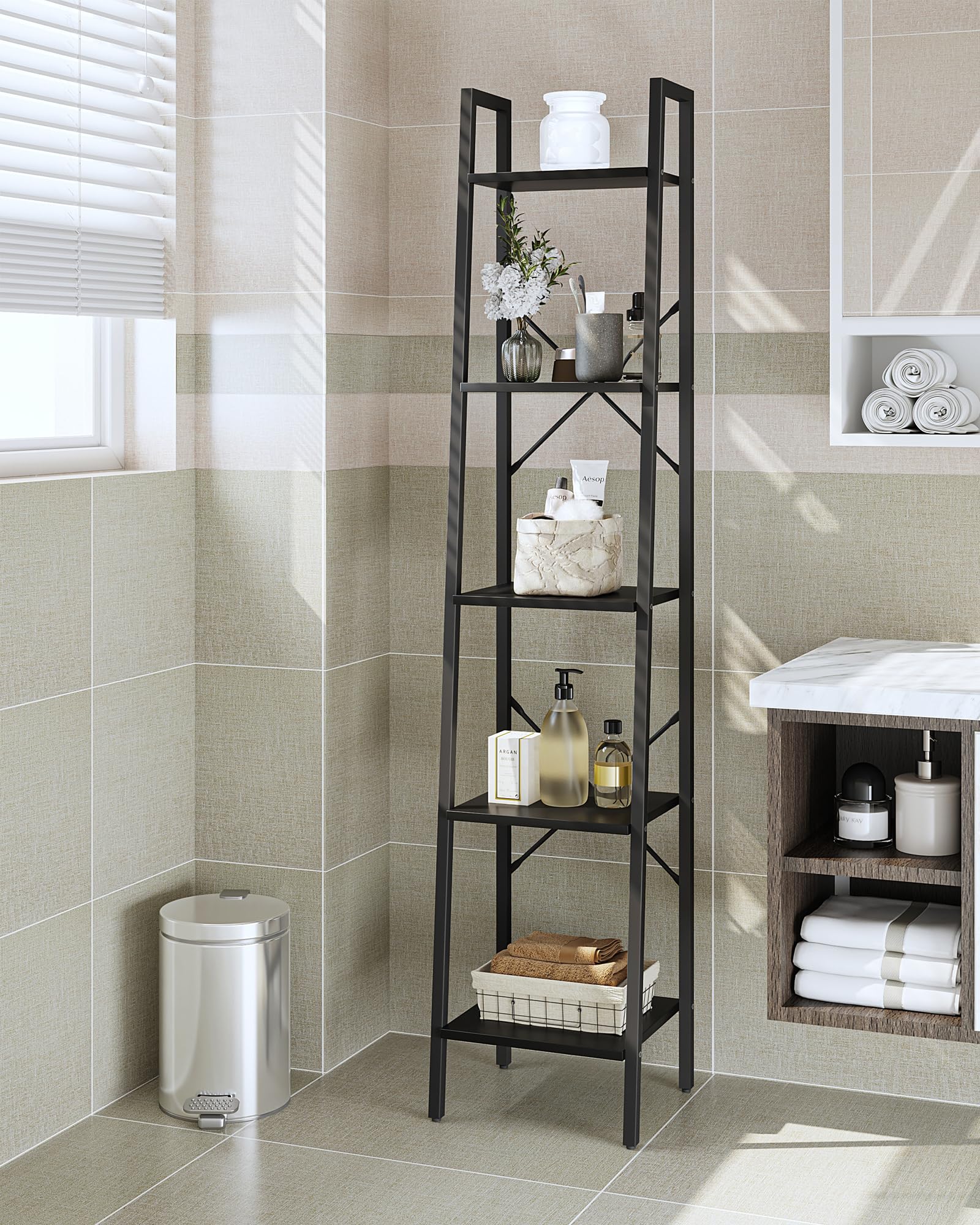 Hzuaneri Ladder Shelf, Bookshelf Bookcase, Freestanding Corner Storage Shelve with 2 Hooks for Home Office, Living Room, Kitchen, Bedroom, Industrial, 5-Tier Black BC03204B